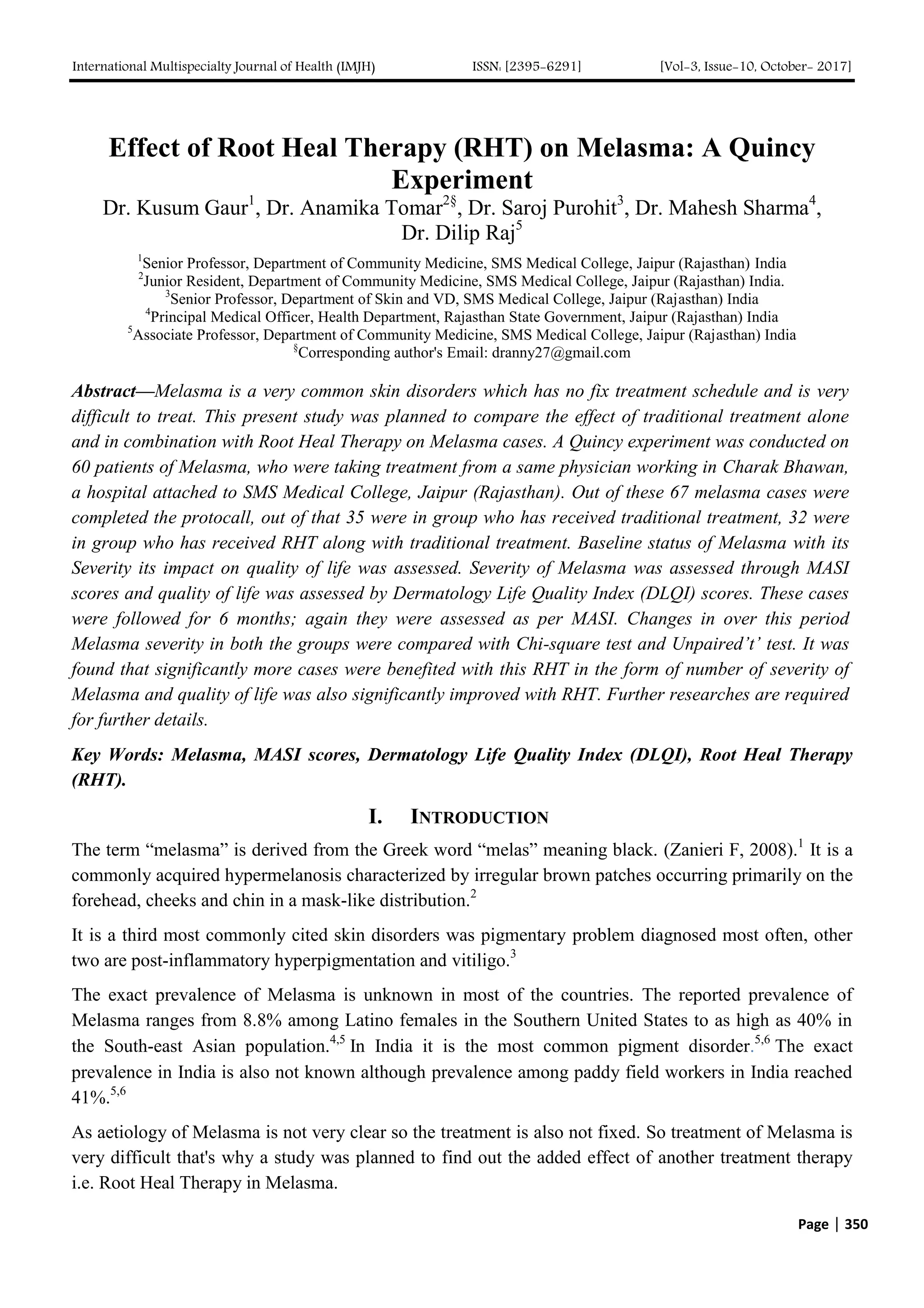 Effect of Root Heal Therapy (RHT) on Melasma: A Quincy Experiment | PDF