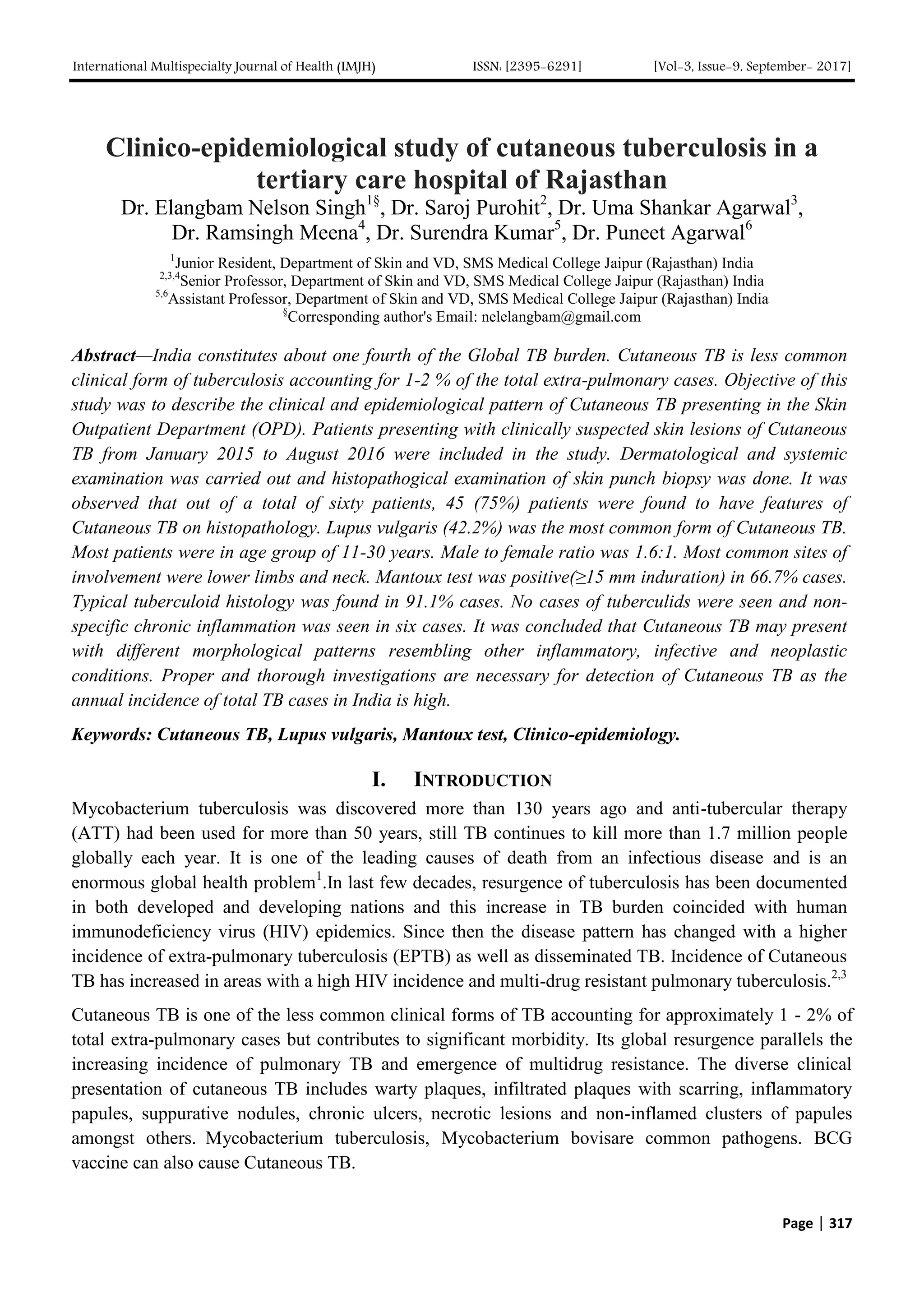 Clinico-epidemiological study of cutaneous tuberculosis in a tertiary ...