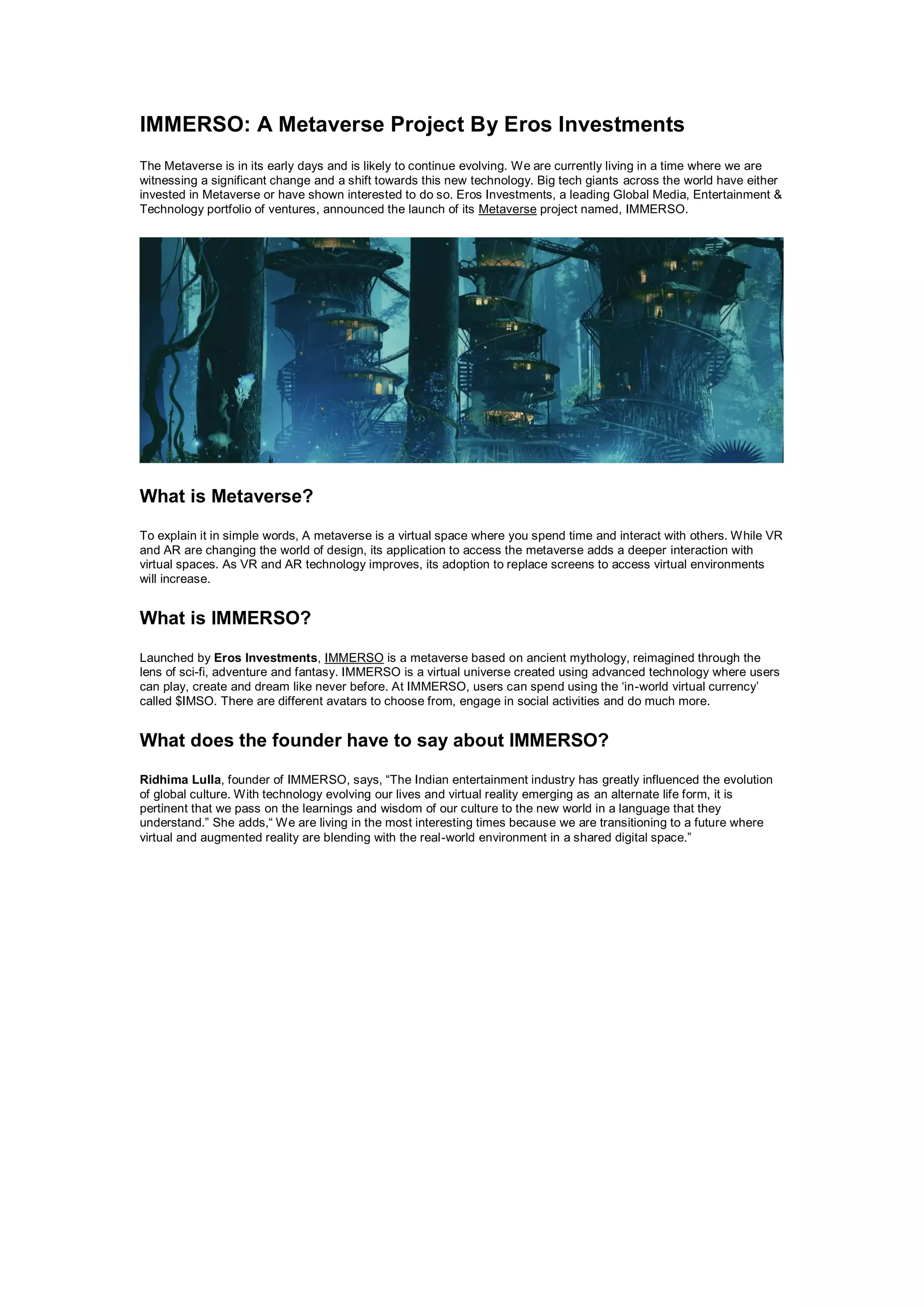 Immerso a metaverse project by Eros Investments | PDF