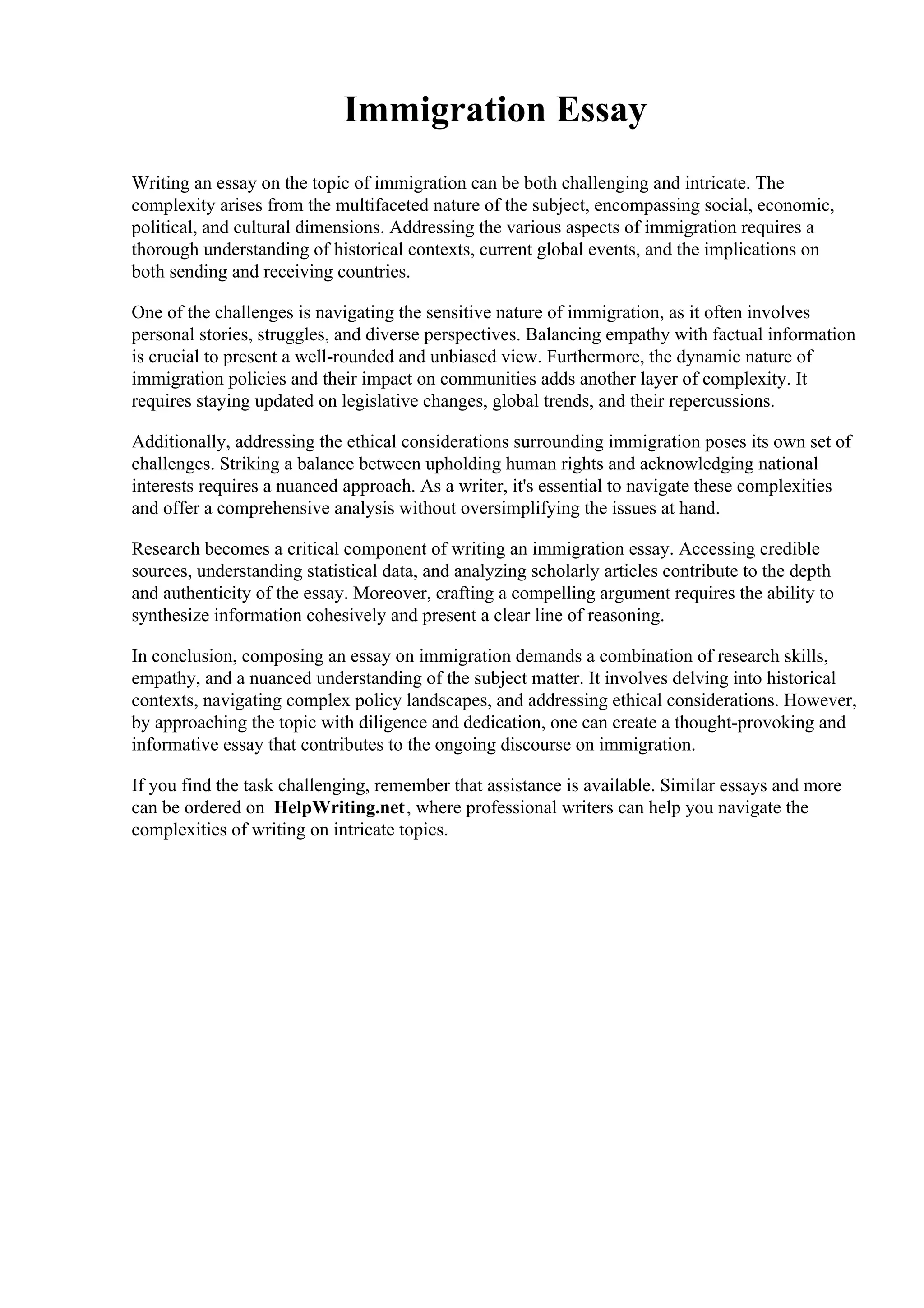 Immigration Essay. St. Elizabeth College of Nursing | PDF