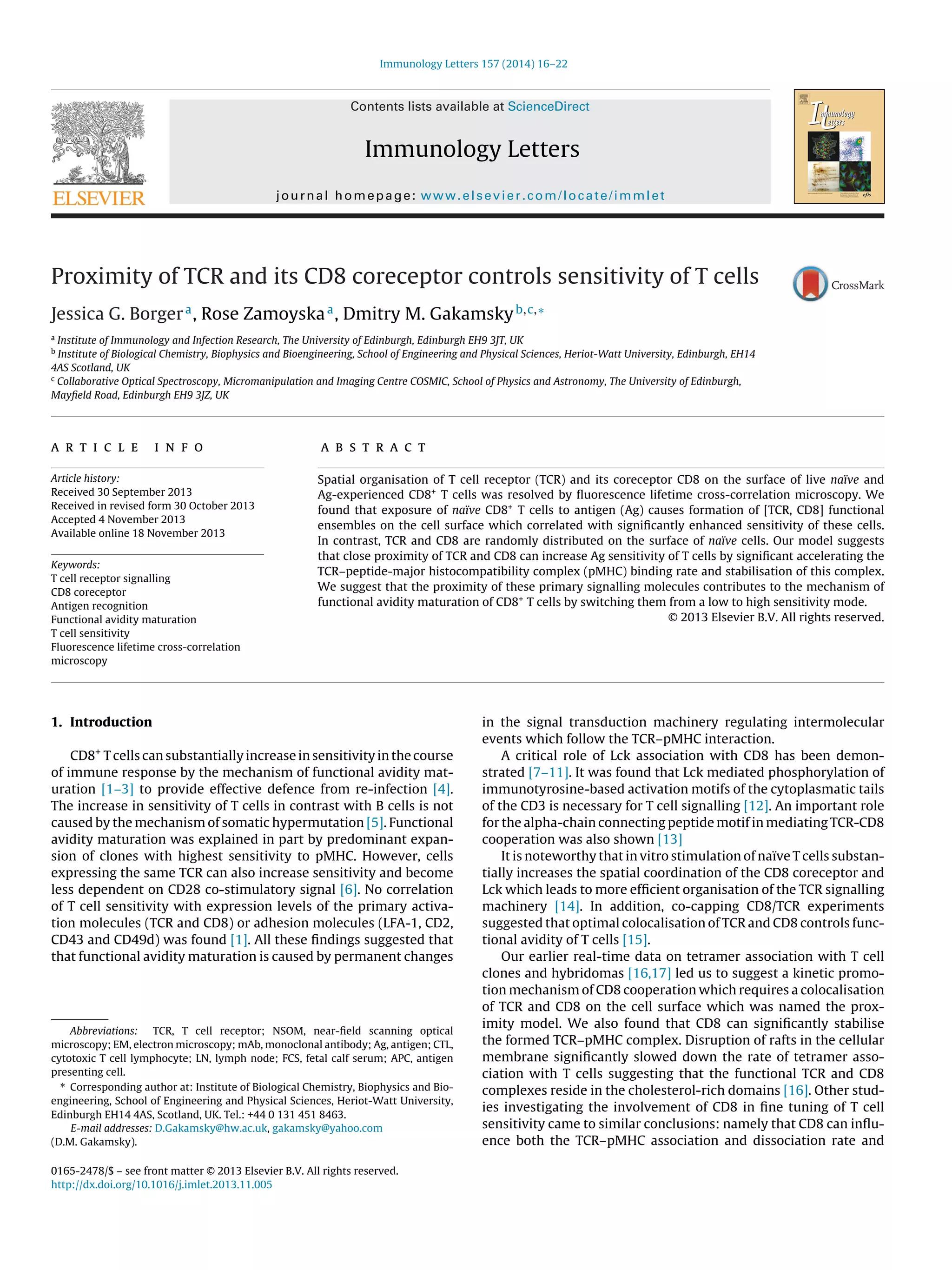 Proximity of TCR and its CD8 coreceptor controls sensitivity of T cells | PDF | Chemistry | Science