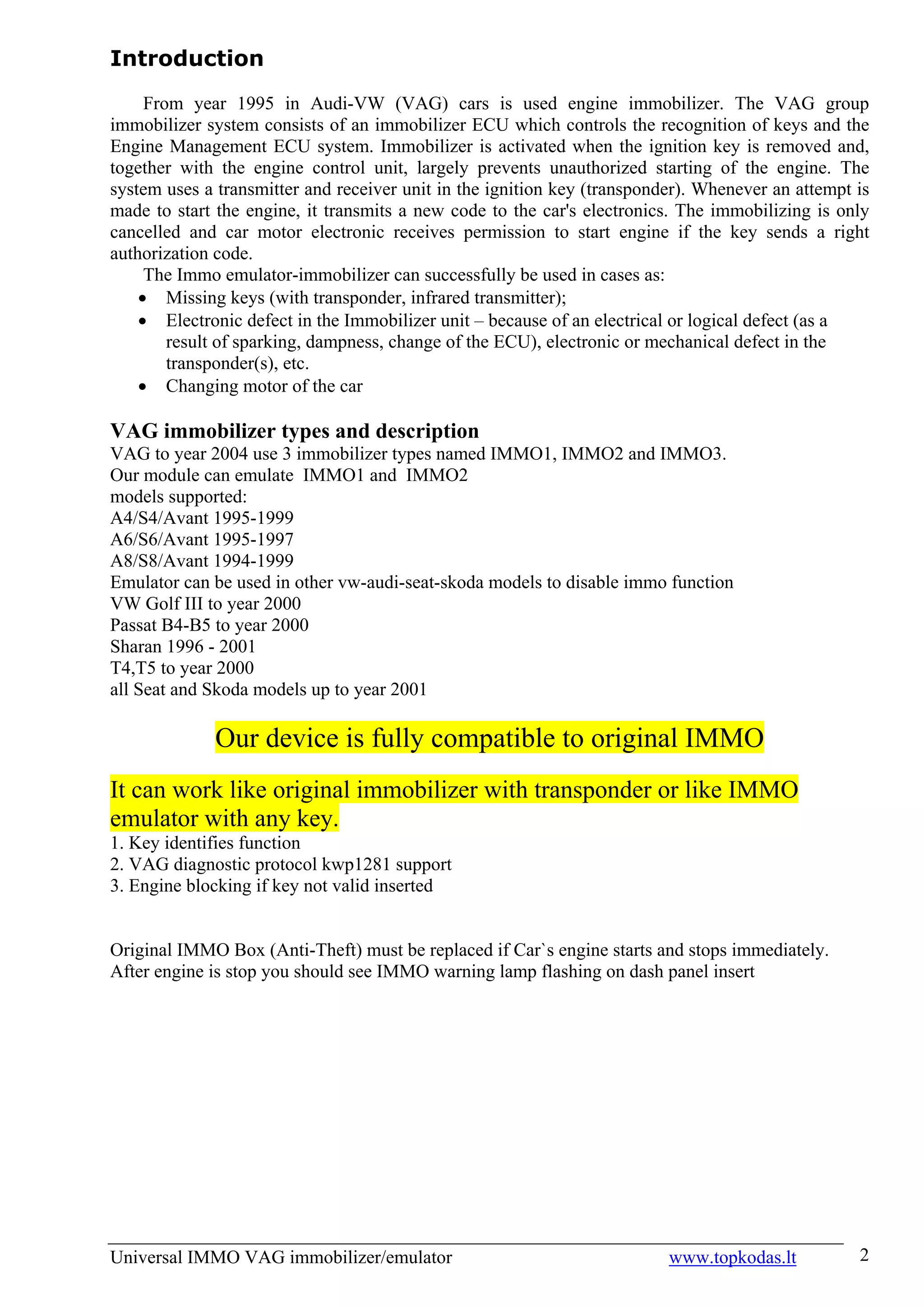 Universal IMMO VAG immobilizer/emulator - User‘s manual | PDF