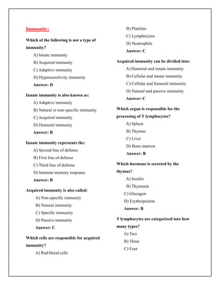Human Immunity MCQs: Immune System Quiz Questions & Answers. Human ...