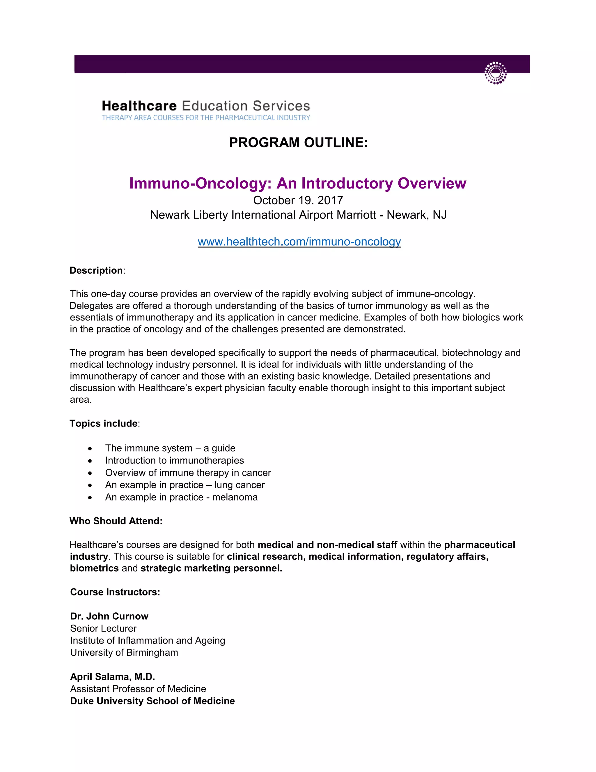 Immuno-Oncology Course, organized by Healthcare Education Services | PDF