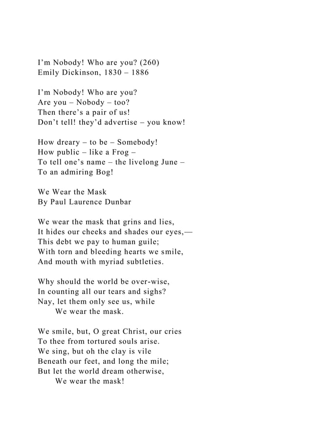 I’m Nobody! Who are you (260)Emily Dickinson, 1830 – 1886I’.docx