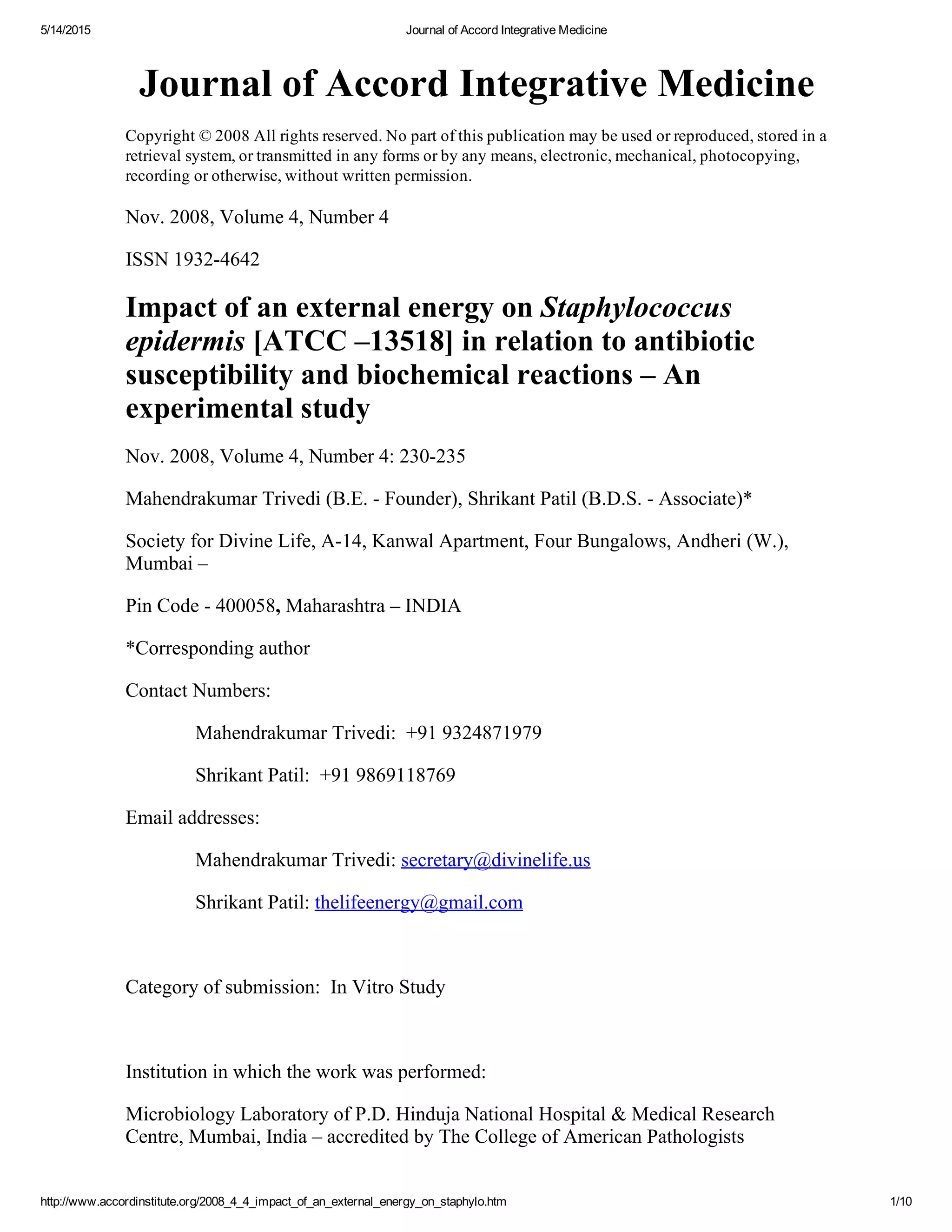 Research by Mahendra Kumar Trivedi - Impact of an external energy on ...