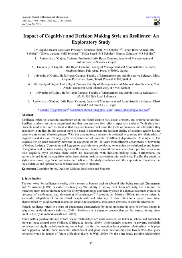 Impact of cognitive and decision making style on resilience an exploratory study | PDF