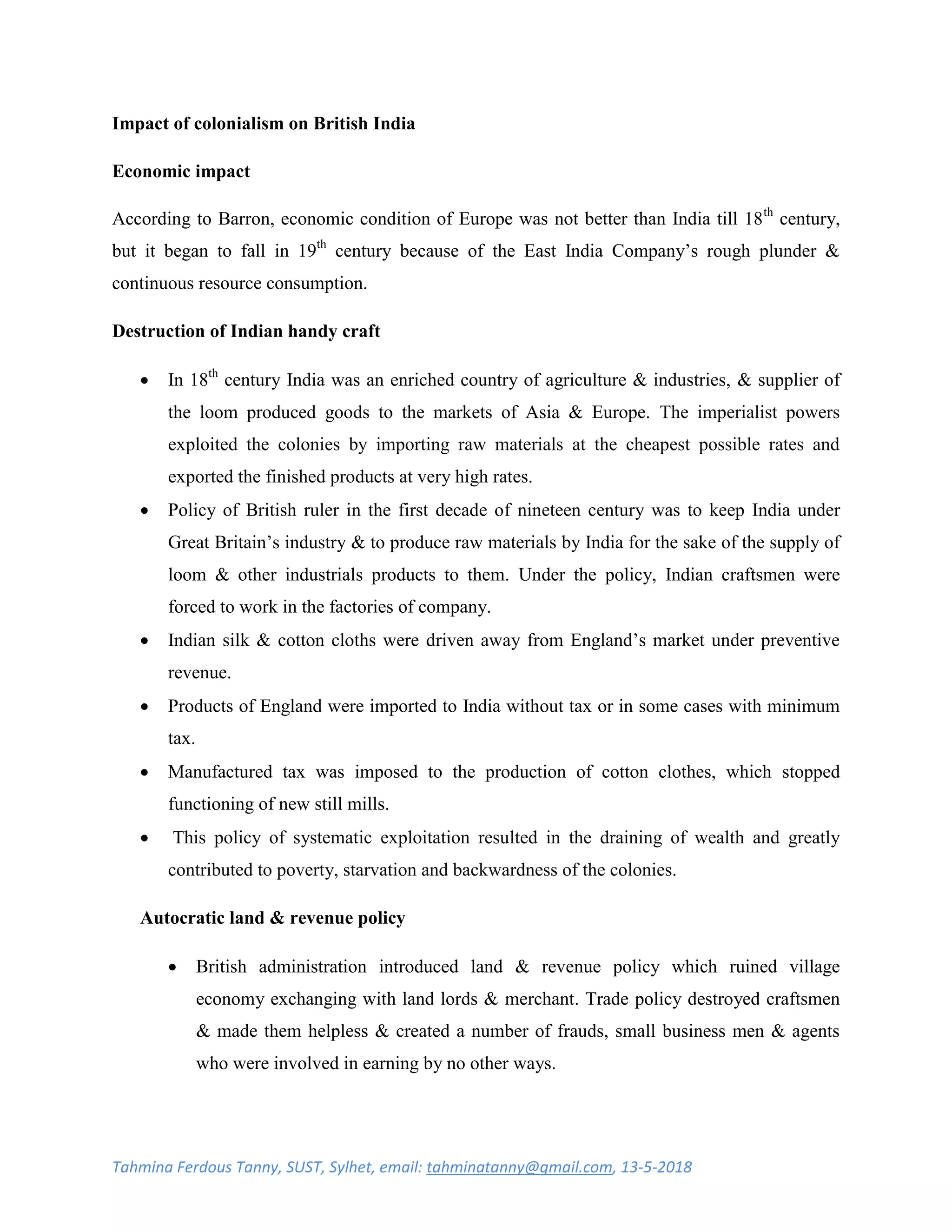 Impact of colonialism on british india and east pakistan | PDF