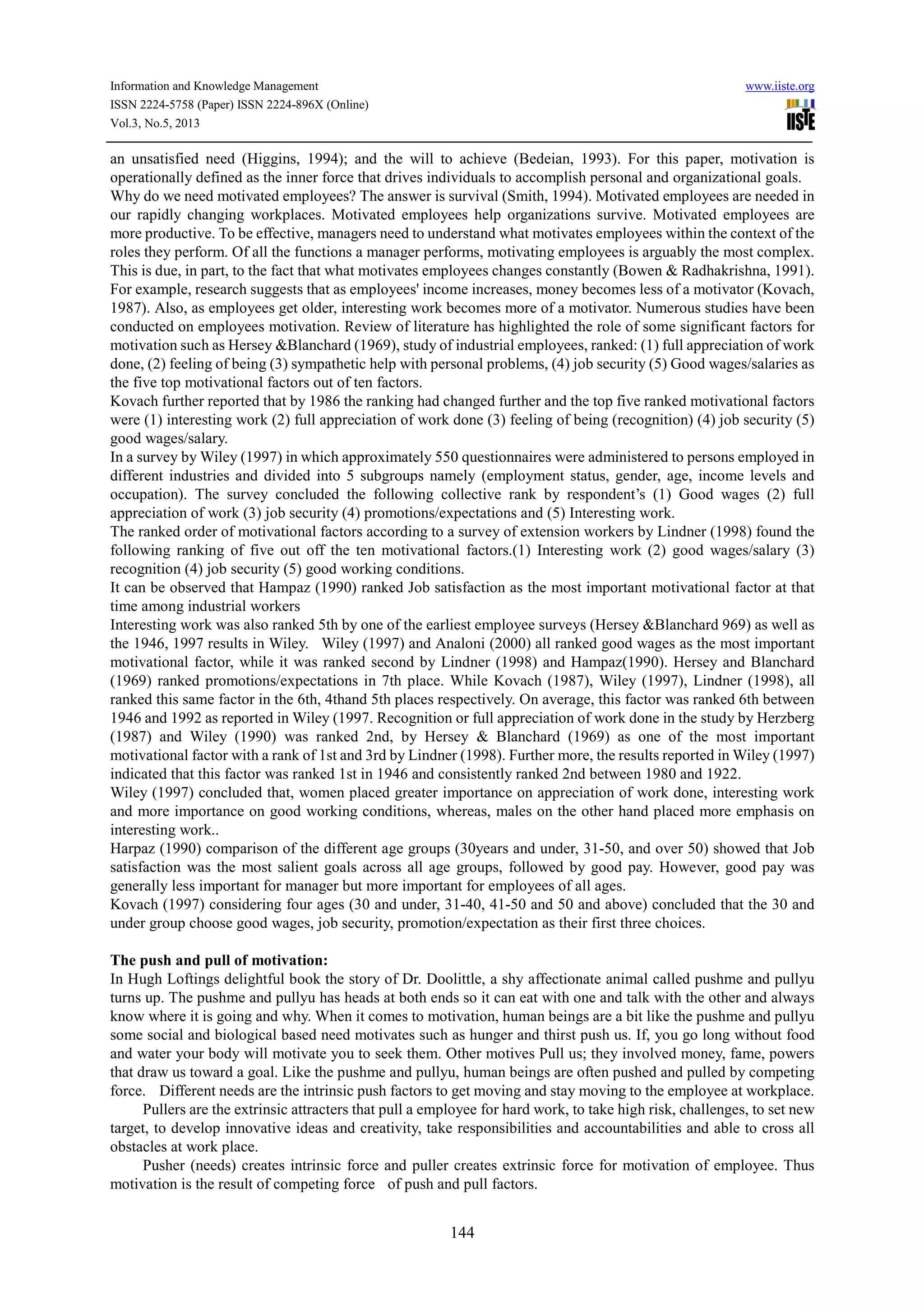 Impact of competing force of motivational factors on employees at work ...
