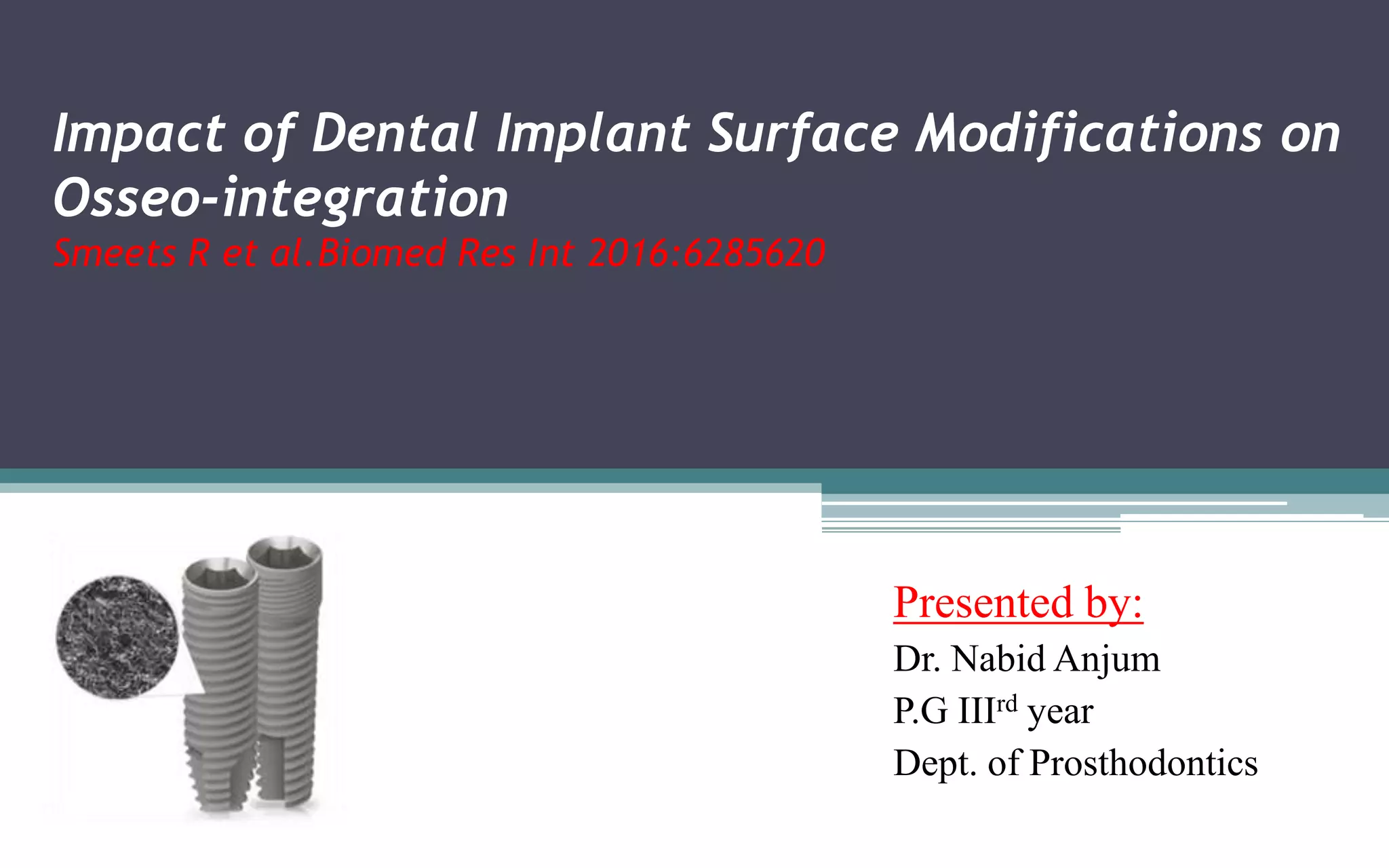 Impact of dental implant surface modifications on Osseo-integration | PPTX