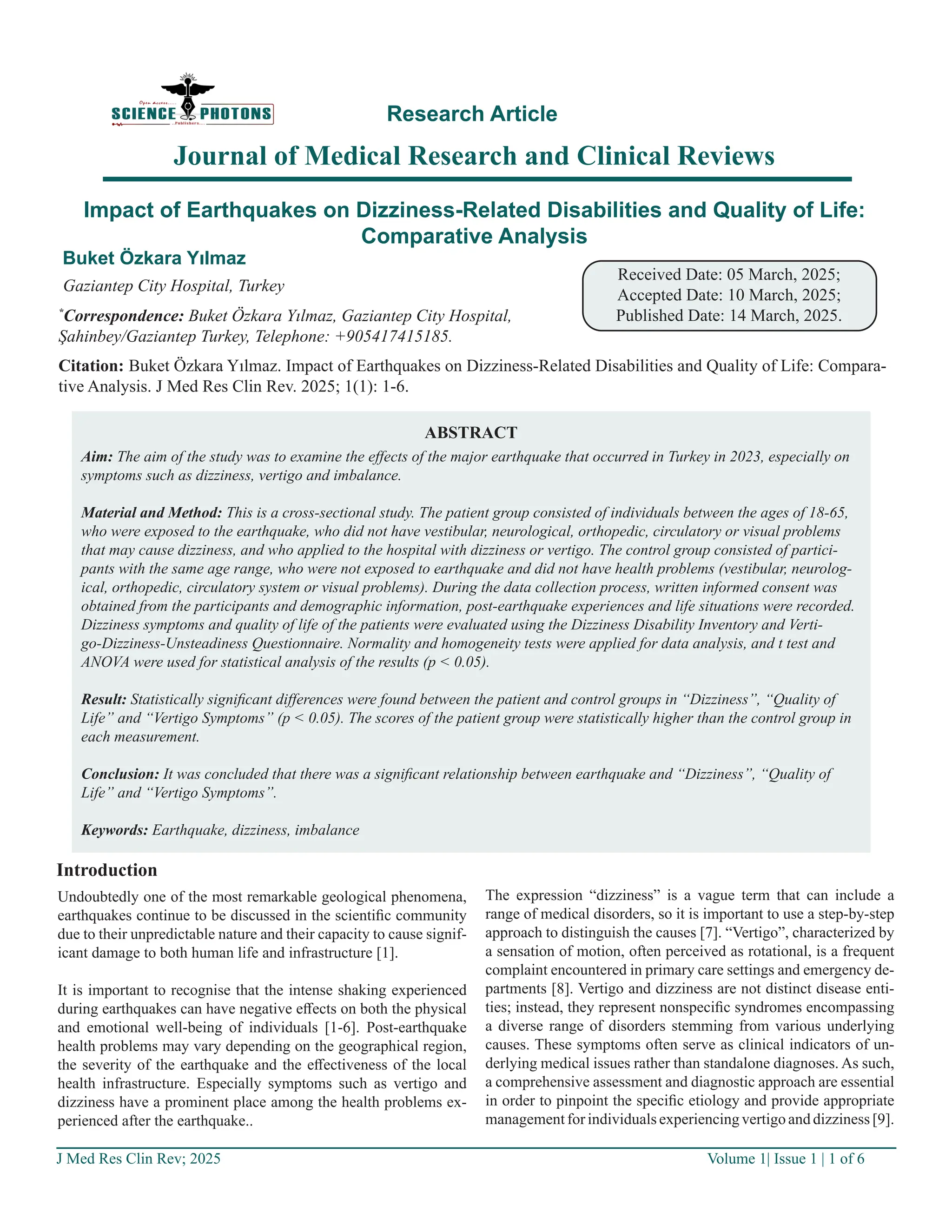 Impact of Earthquakes on Dizziness-Related Disabilities and Quality of ...