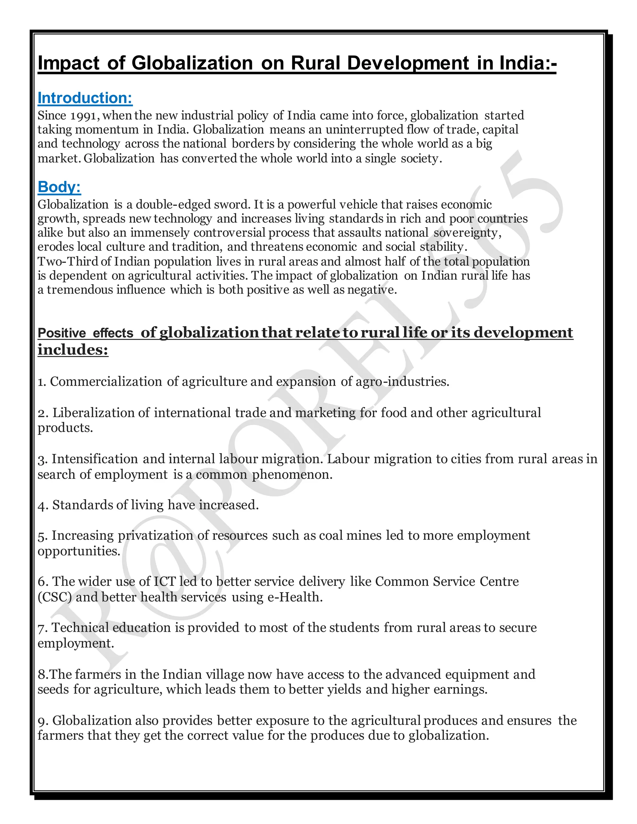 Impact of globalization on rural development in india | DOCX