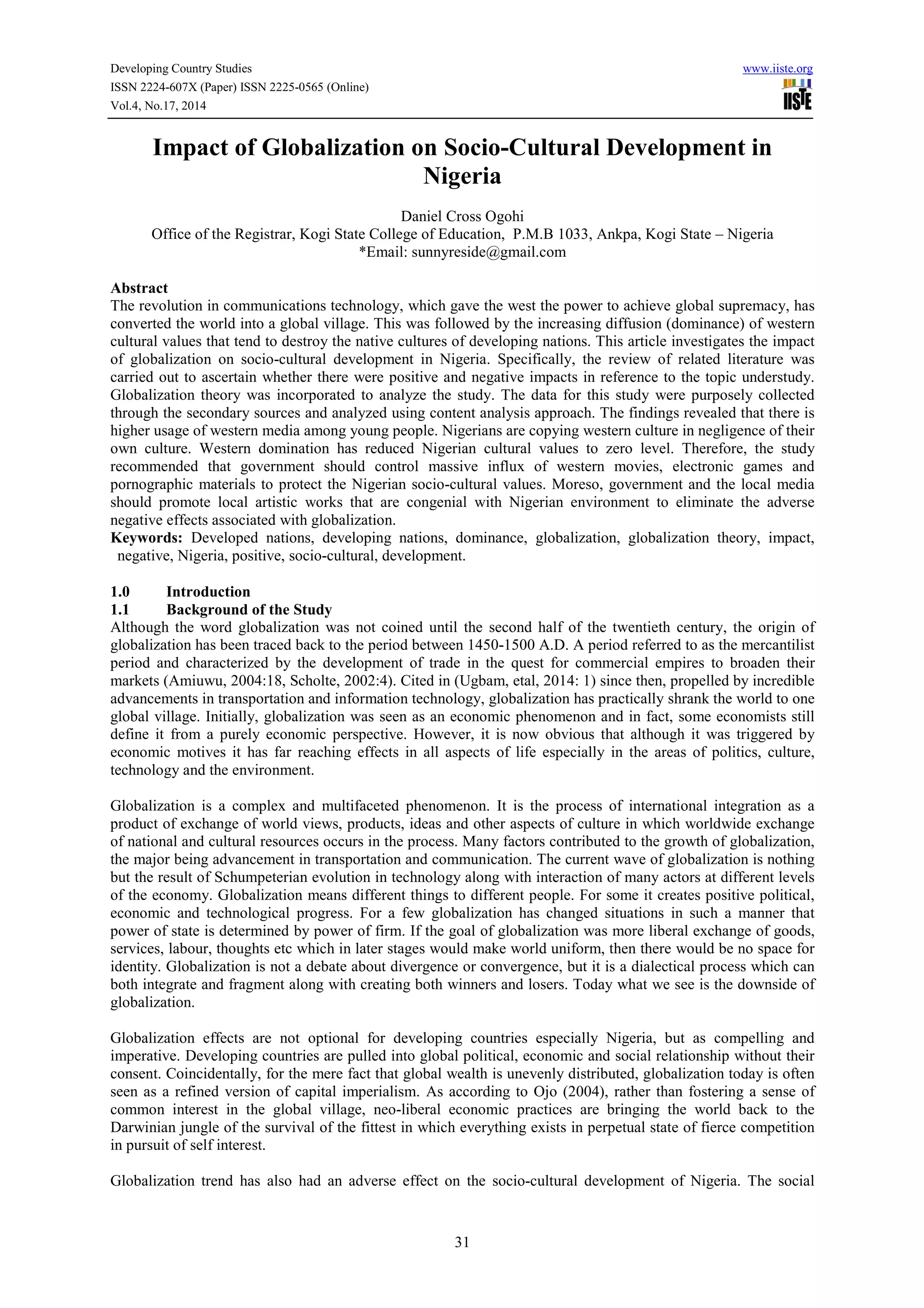 Impact of globalization on socio cultural development in nigeria | PDF