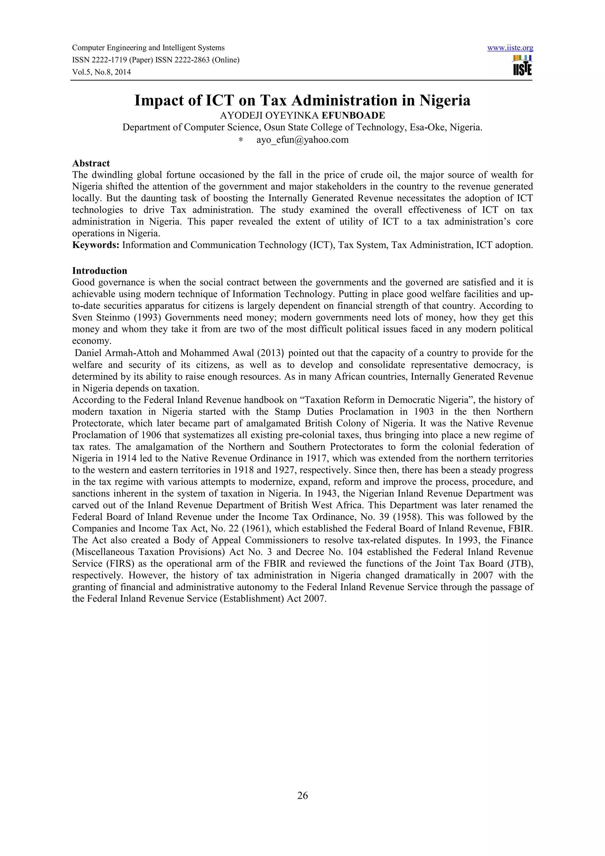 Impact of ict on tax administration in nigeria | PDF
