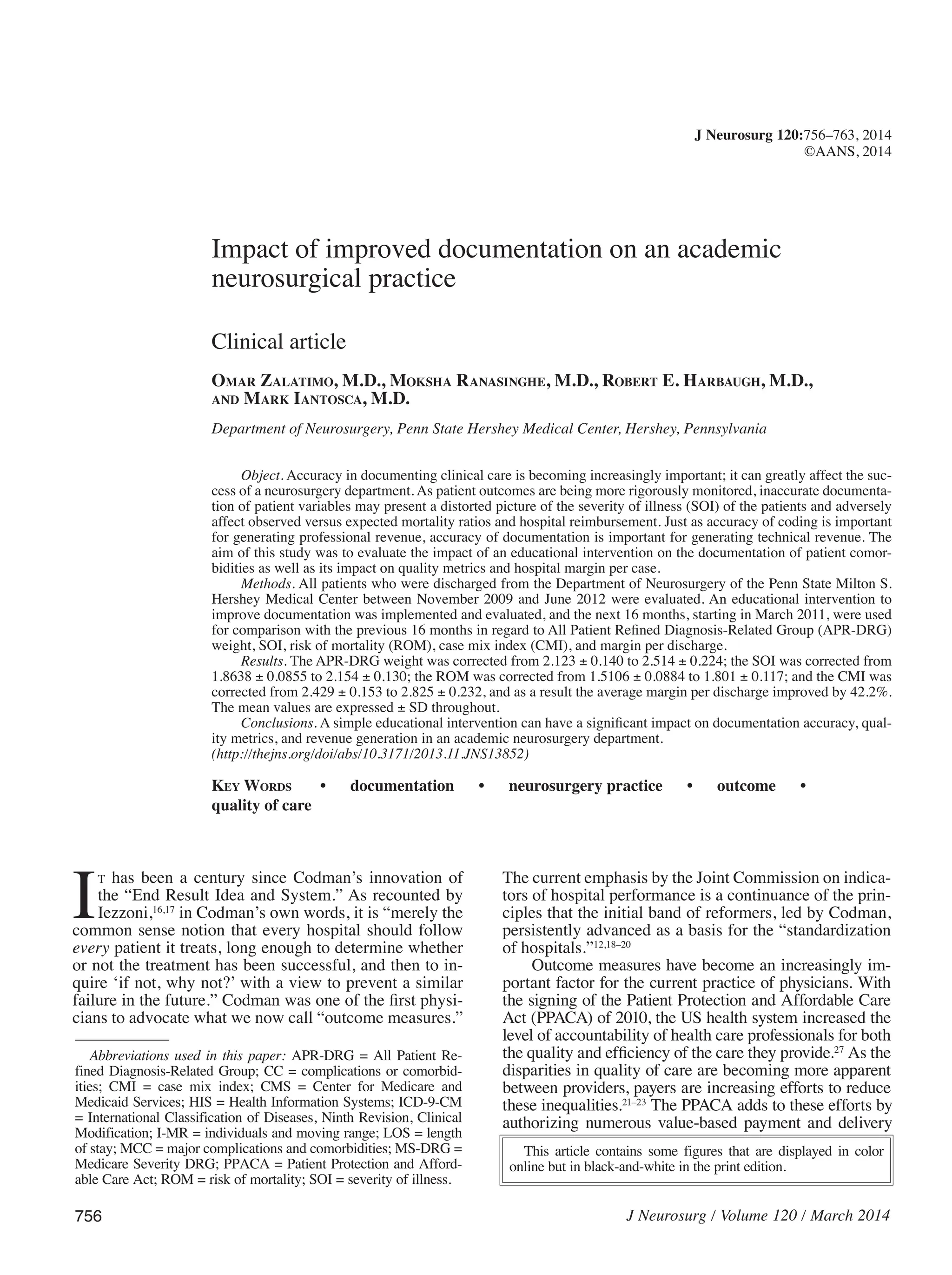 Impact Of Improved Documentation On An Academic Neurosurgical Practice | PDF