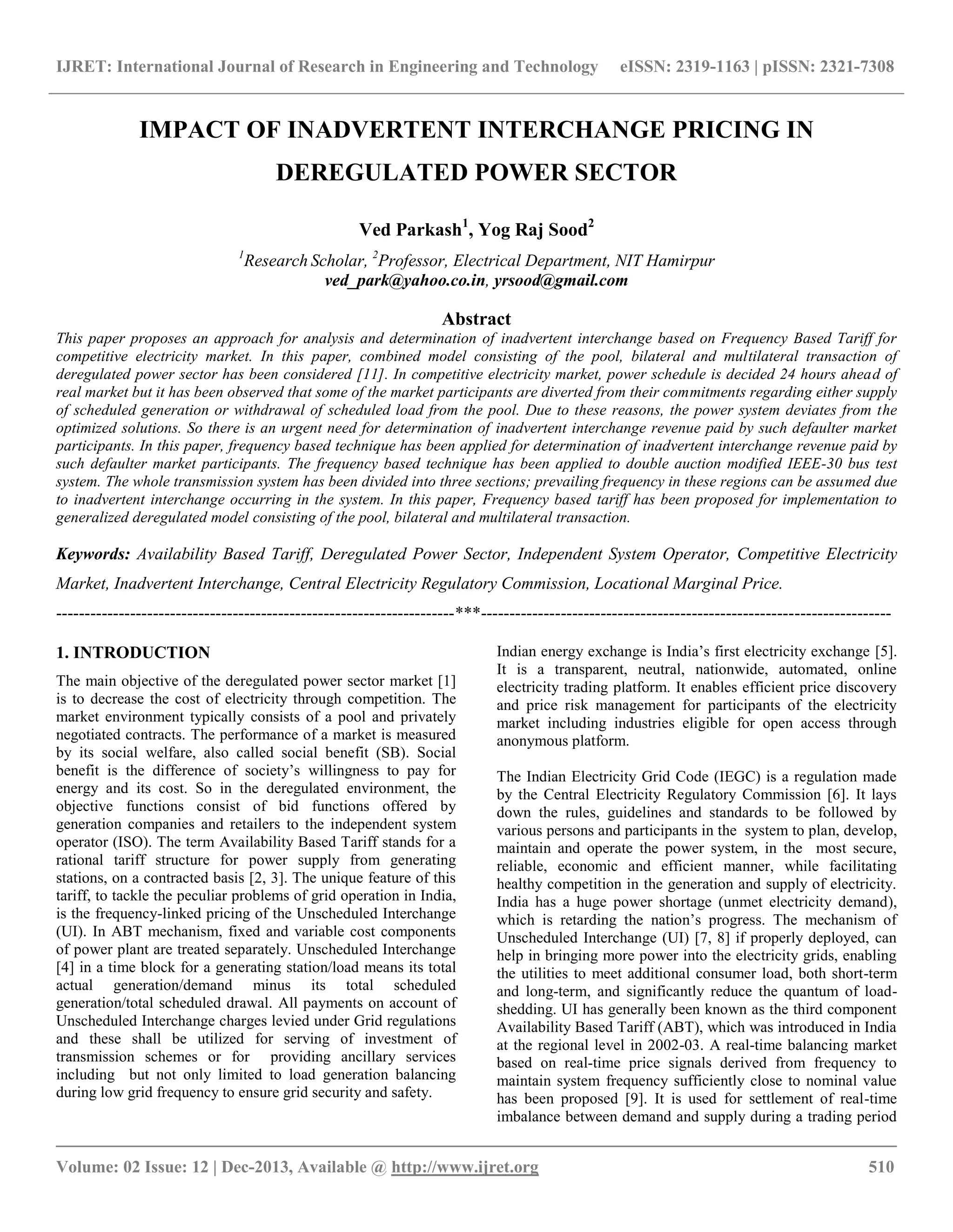 Impact of inadvertent interchange pricing in deregulated power sector | PDF