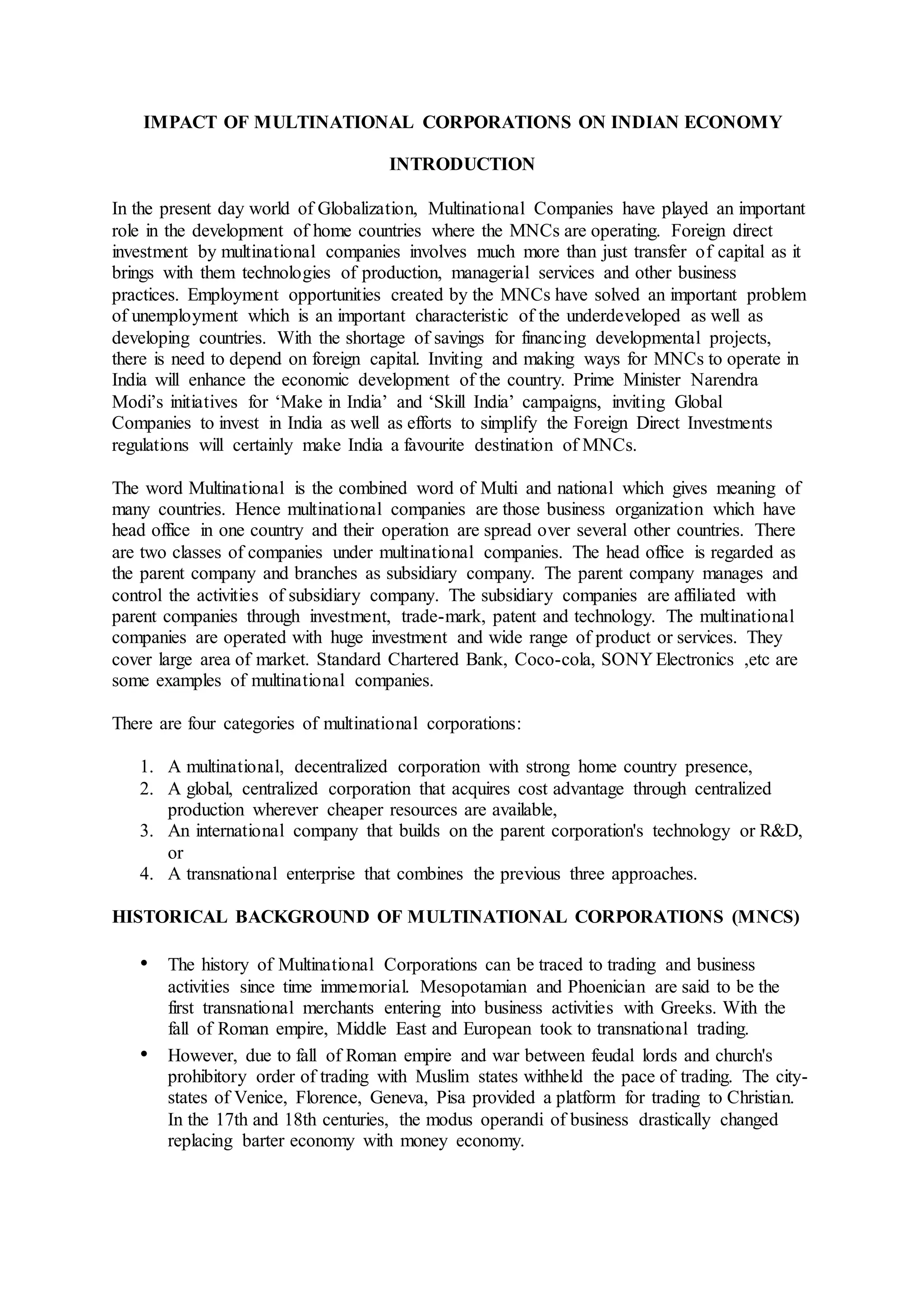 Impact of multinational corporations on Indian economy | DOCX