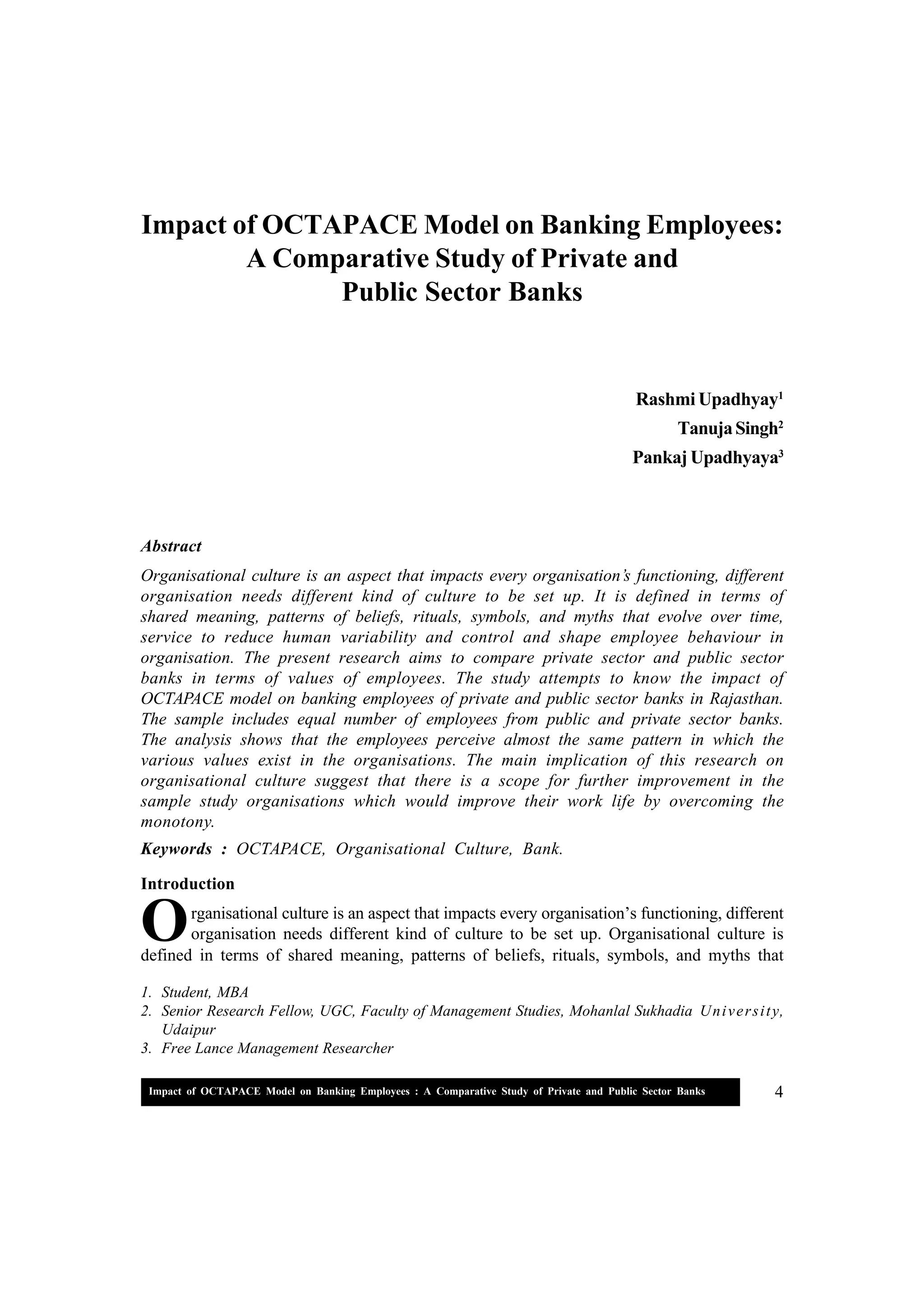 Impact of octapace model on banking employees a comparative study of ...
