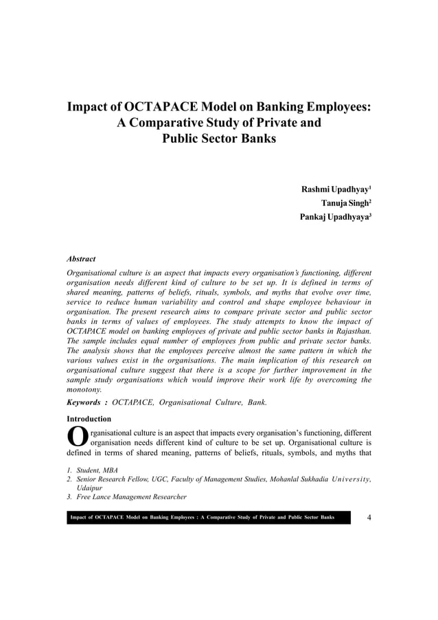 Impact of octapace model on banking employees a comparative study of private and public sector ...