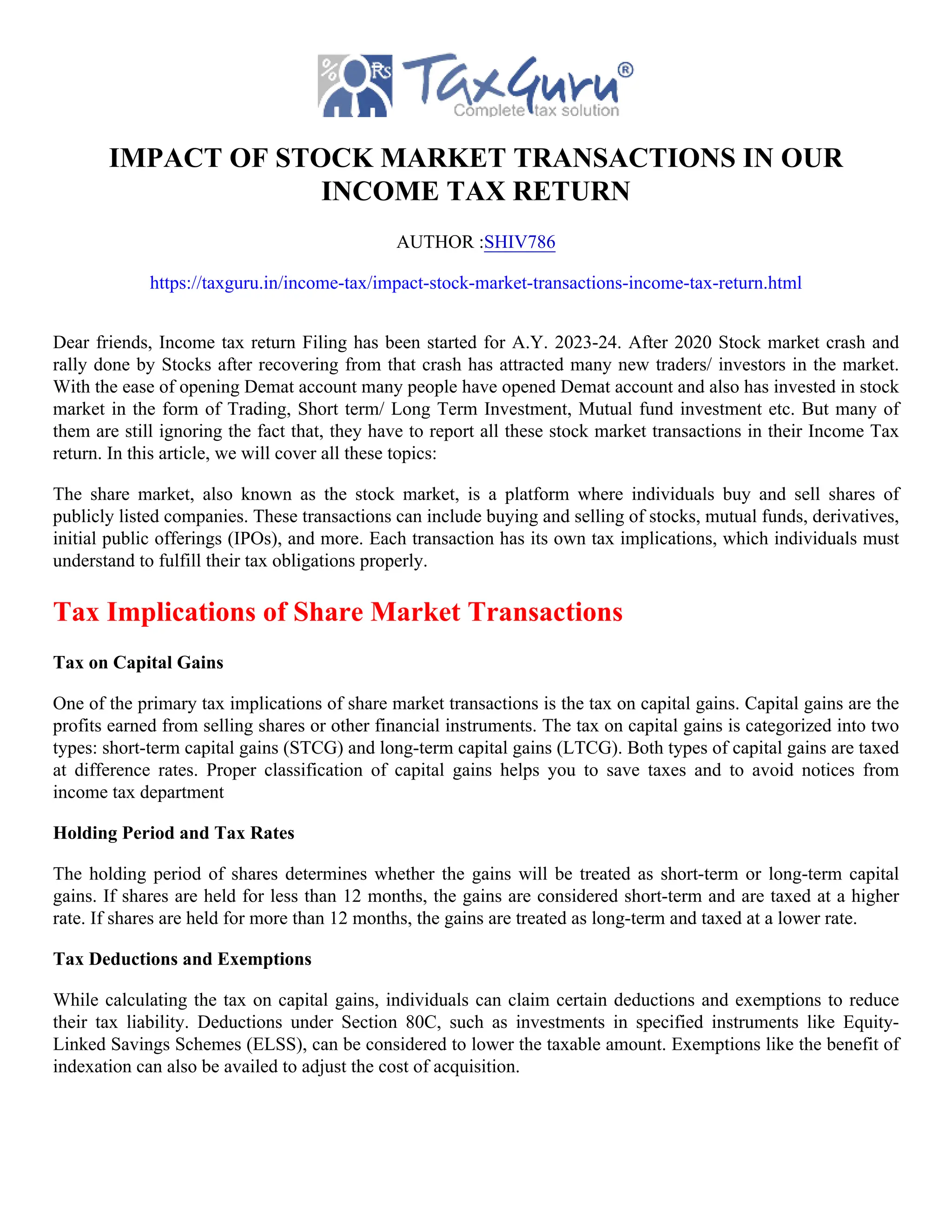 Impact of Stock Market Transactions in Our Income Tax Return | PDF