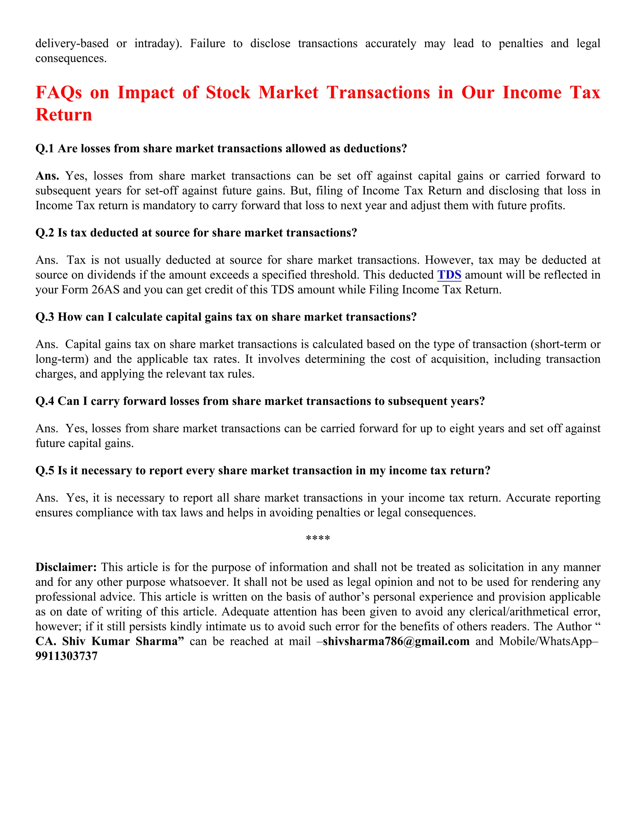 Impact of Stock Market Transactions in Our Income Tax Return | PDF