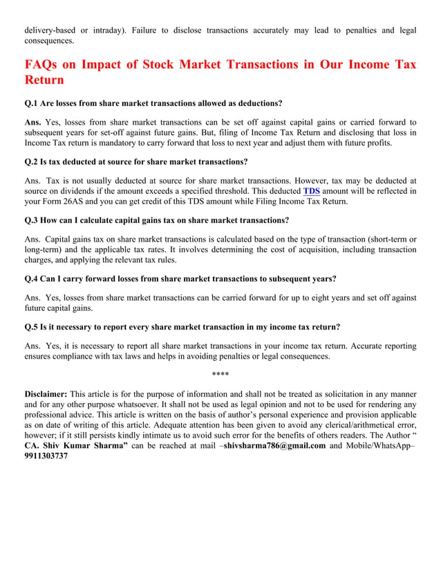 Impact of Stock Market Transactions in Our Income Tax Return | PDF ...