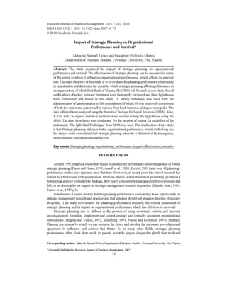 Impact Of Strategic Planning On Organizational Performance. A Survey | PDF