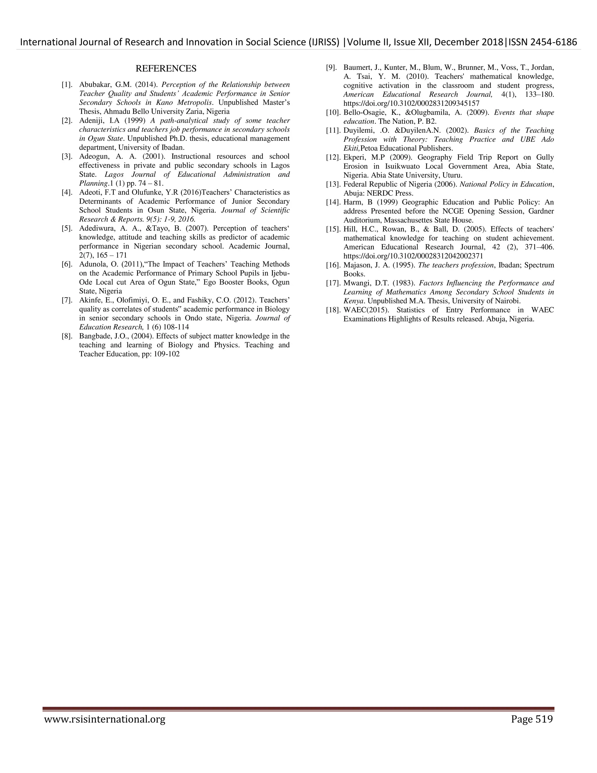 IMPACT OF TEACHER CHARACTERISTICS ON STUDENTS ACADEMIC PERFORMANCE IN PUBLIC SECONDARY SCHOOLS | PDF