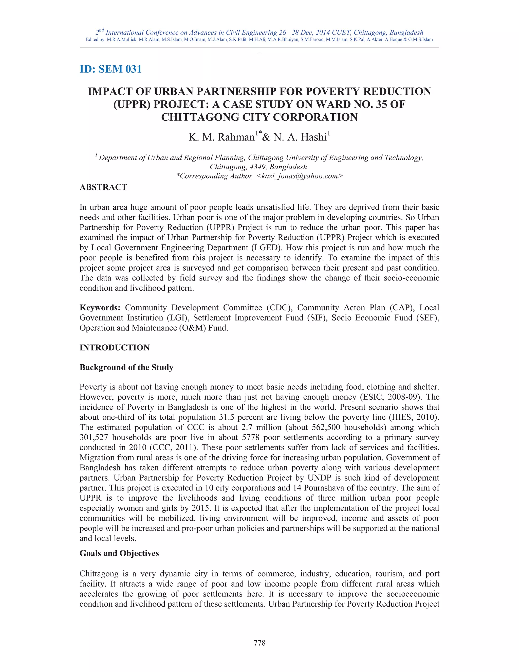 IMPACT OF URBAN PARTNERSHIP FOR POVERTY REDUCTION (UPPR) PROJECT: A CASE STUDY ON WARD NO. 35 OF ...