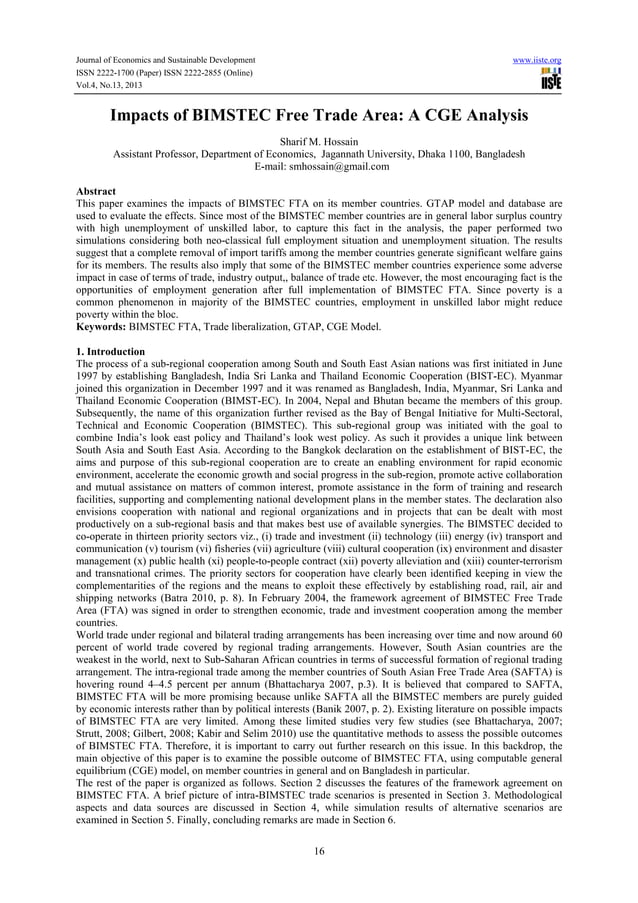 Impacts of bimstec free trade area a cge analysis | PDF