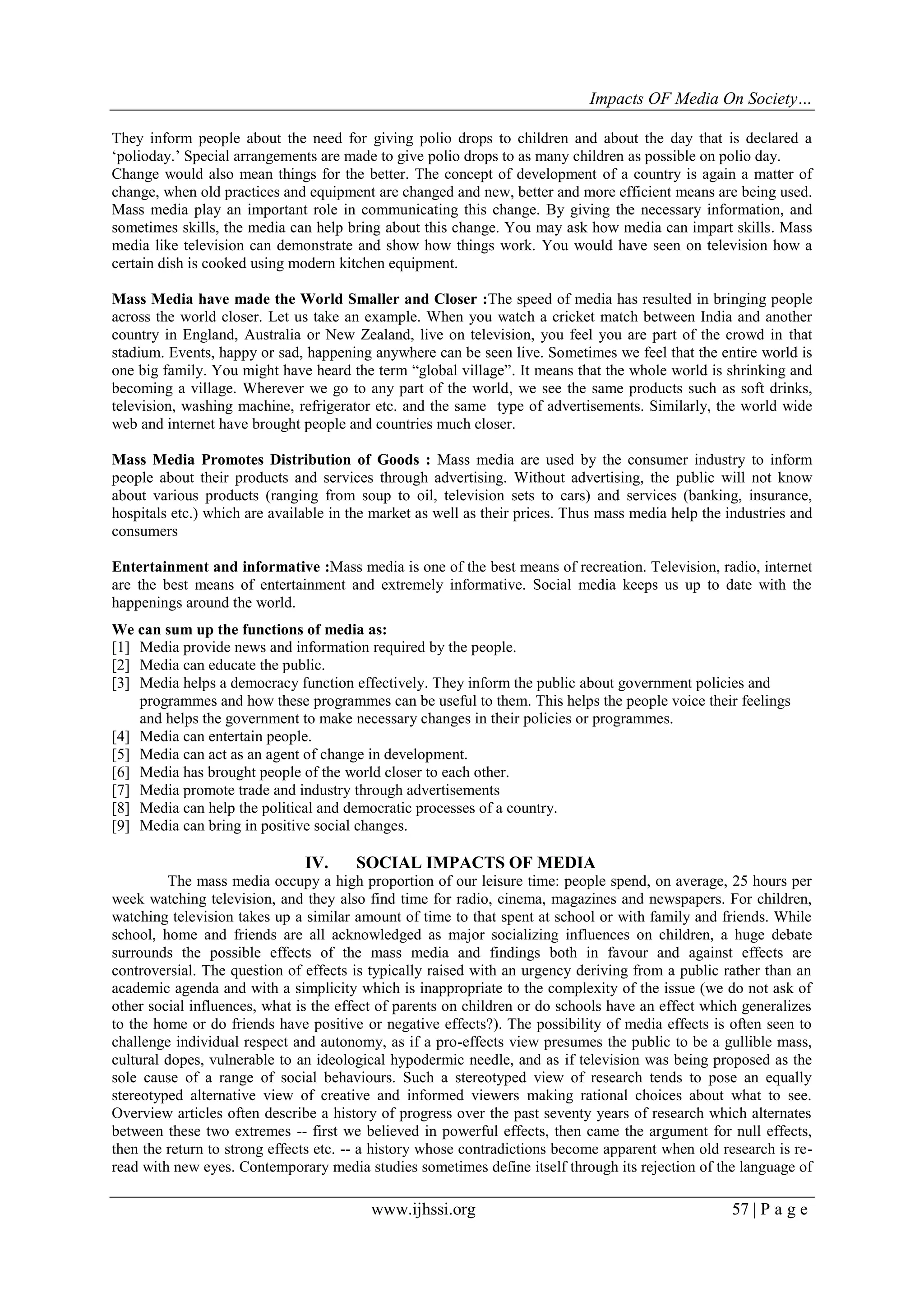 Impacts OF Media On Society A Sociological Perspective | PDF