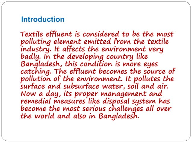 Impacts of Textile Effluent on Environment and their possible remedial ...
