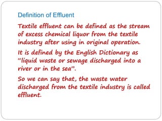 Impacts of Textile Effluent on Environment and their possible remedial ...