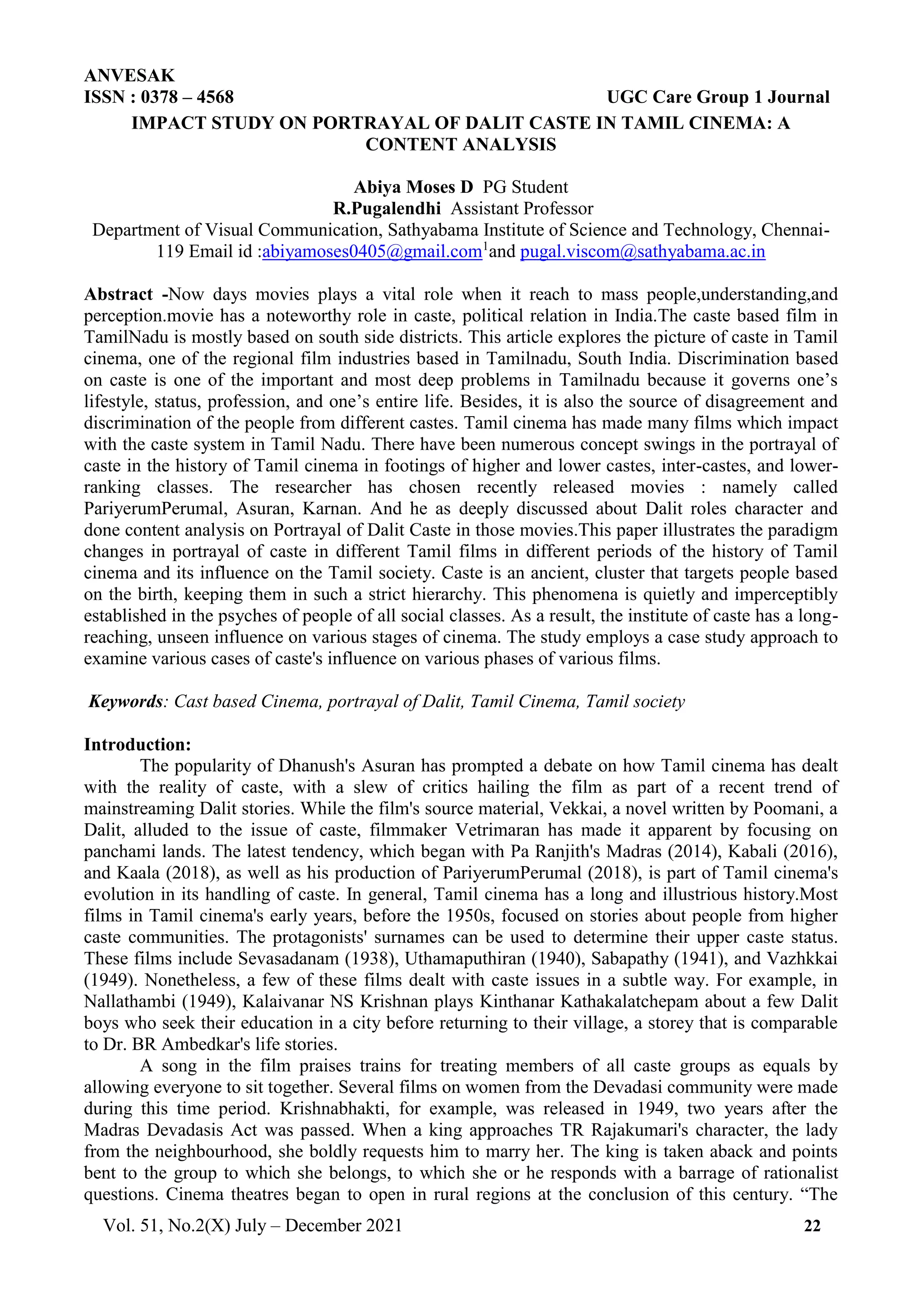 Impact study on portrayal of Dalit caste in Tamil cinema a content ...