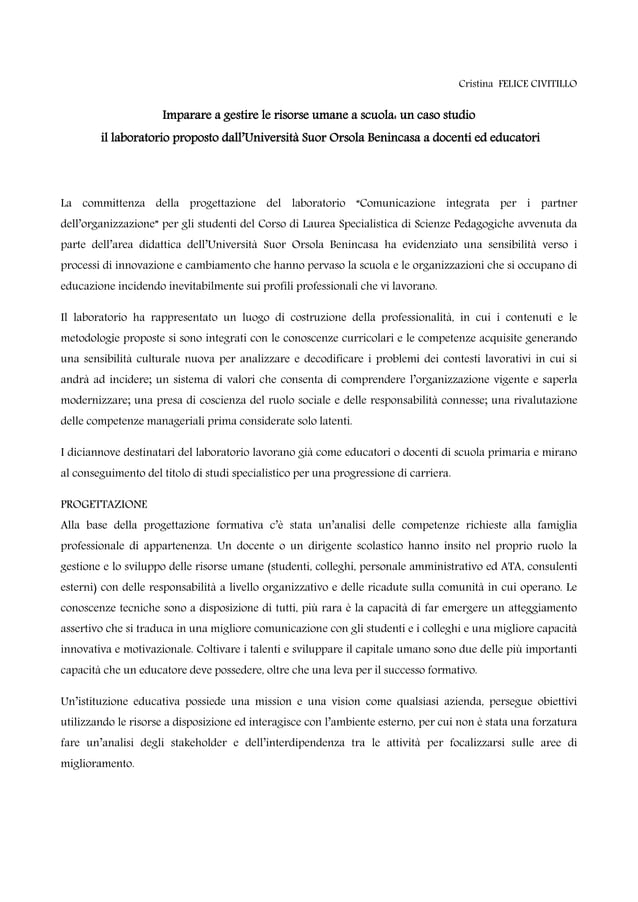 Imparare a gestire le risorse umane a scuola un caso studio cristina felice civitillo | PDF ...