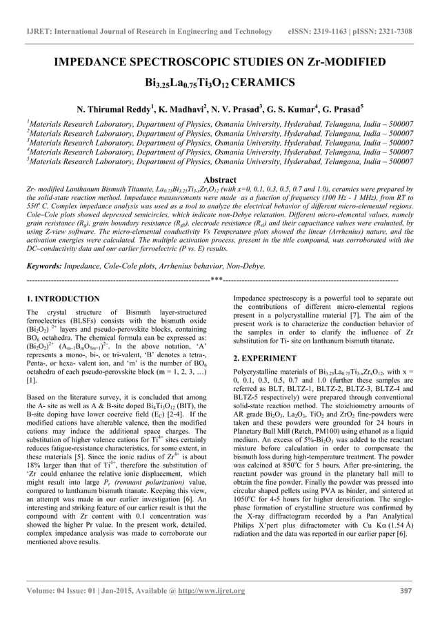 Impedance spectroscopic studies on zr modified bi3.25 la0.75ti3o12 ceramics | PDF