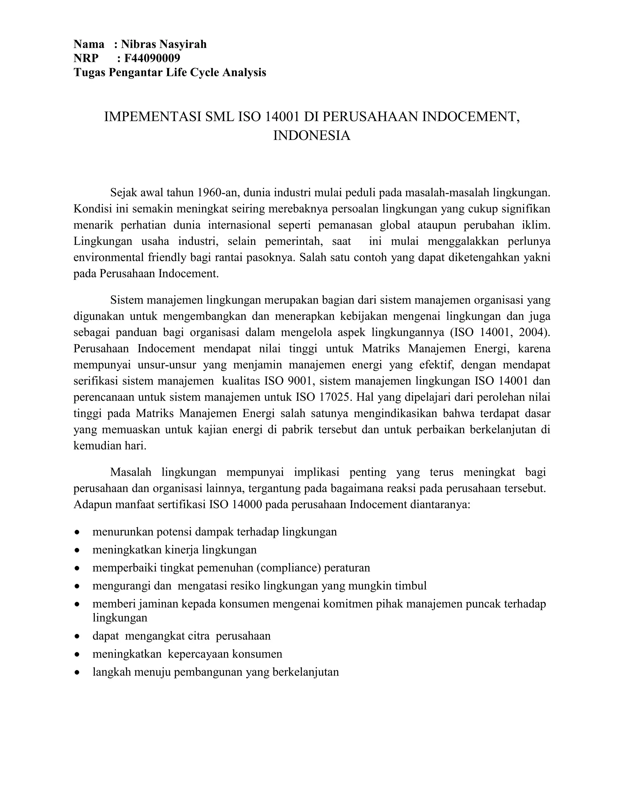 Impementasi sml iso 14001 di perusahaan indocement | DOCX
