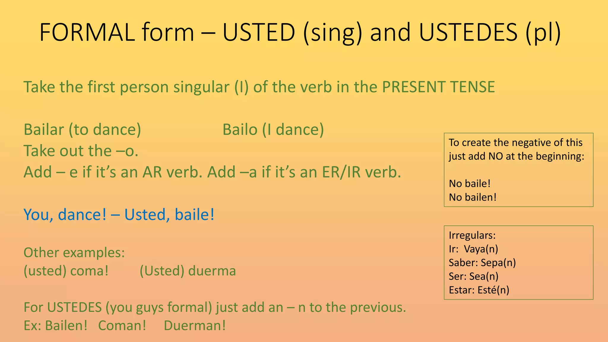 Imperativo in Spanish- higher level: Formal form and negative. | PPTX