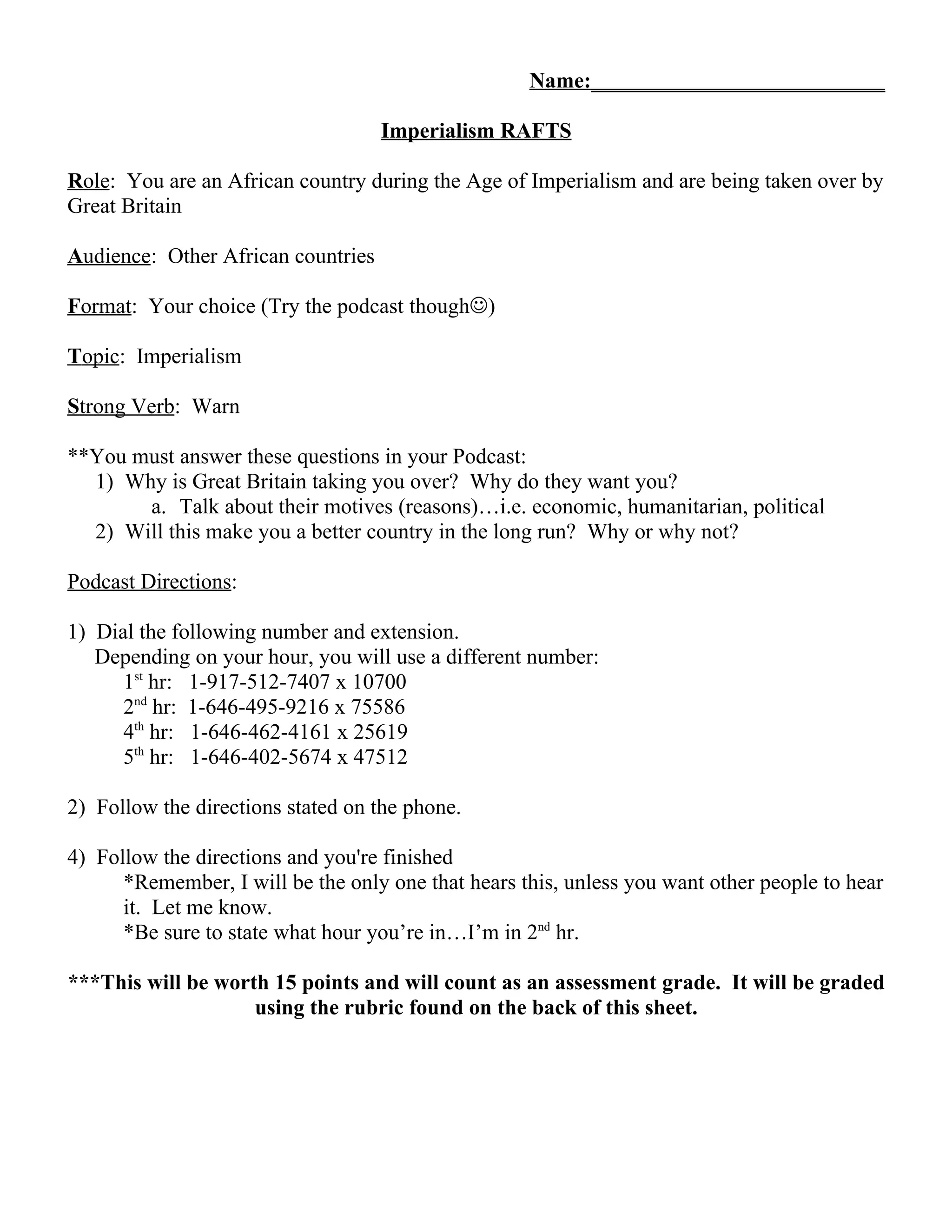 Imperialism Rafts Writing Assignment | PDF