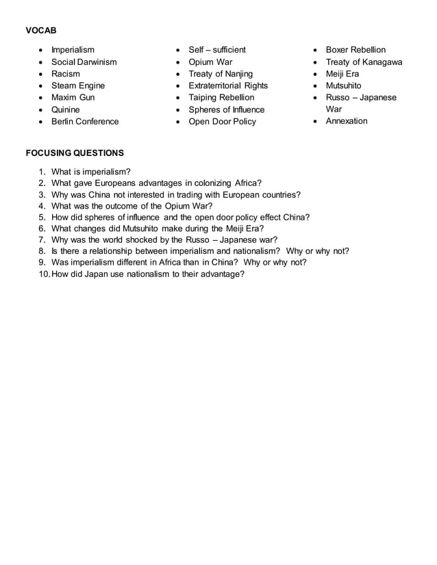 Imperialism unit outline 2010 | DOCX