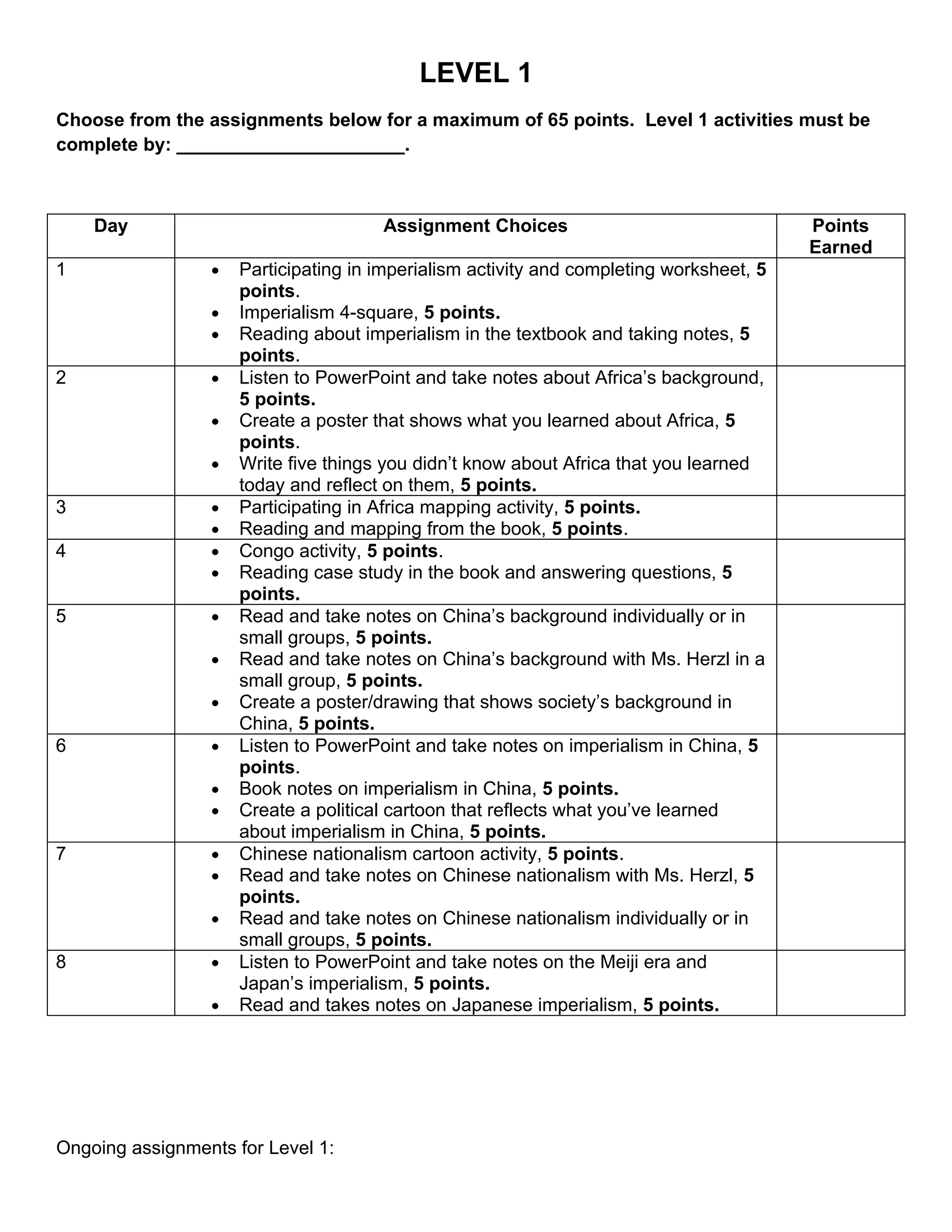 Imperialism Unit Outline C P | DOC