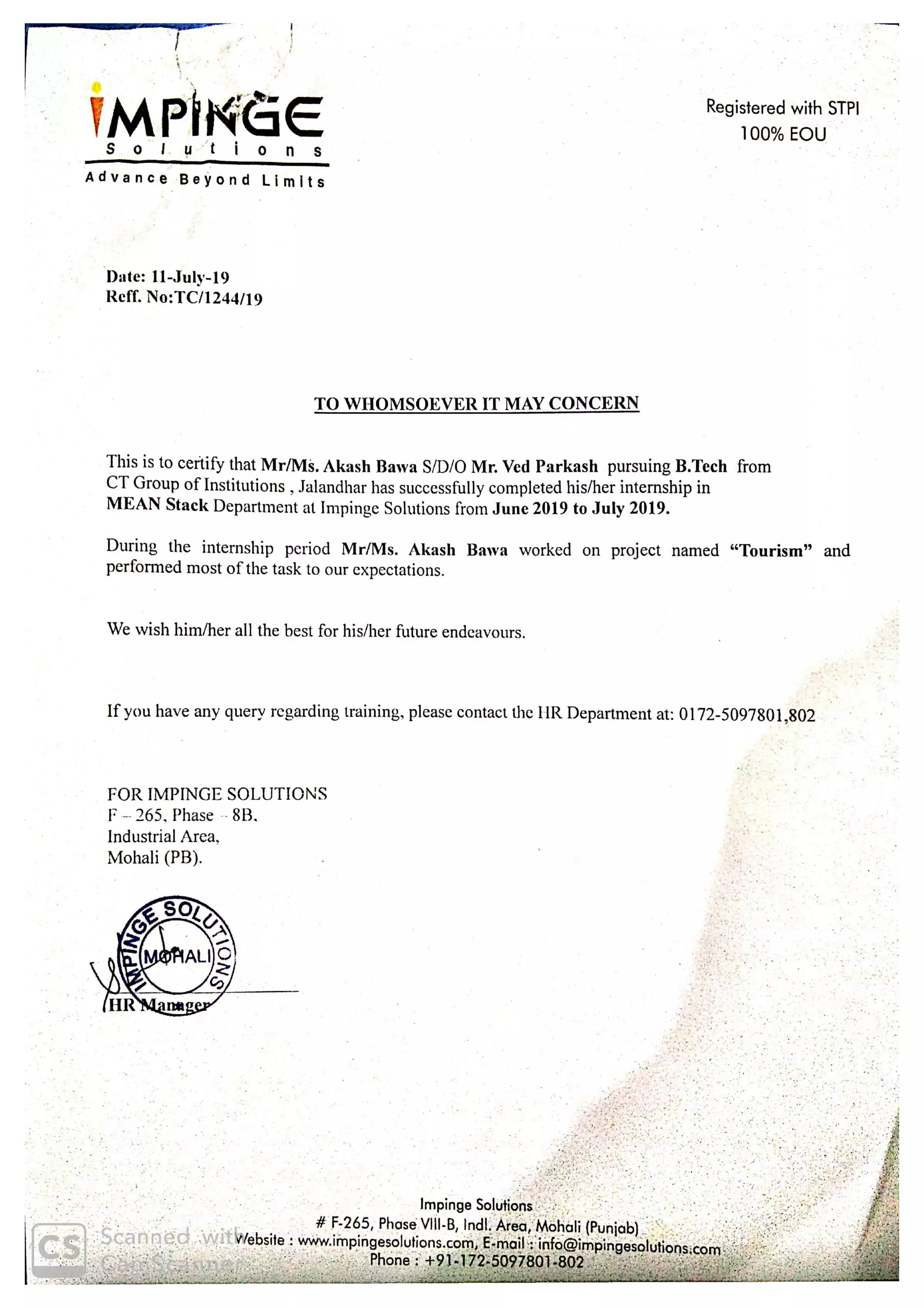 Impinge solution certificate | PDF