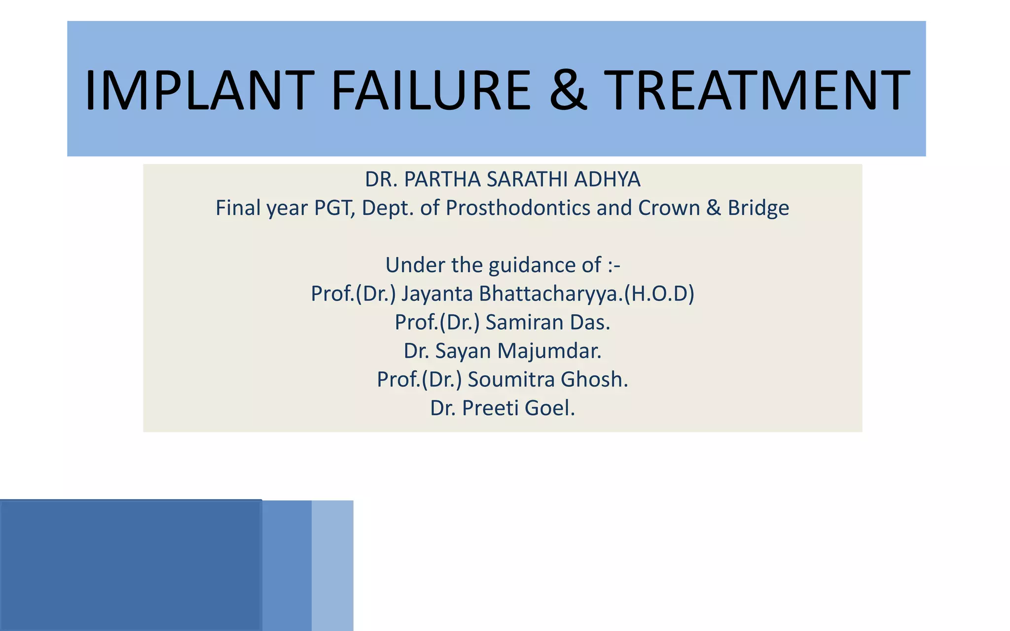 Implant failure , complications and treatment, management- Partha Sarathi Adhya | PPTX