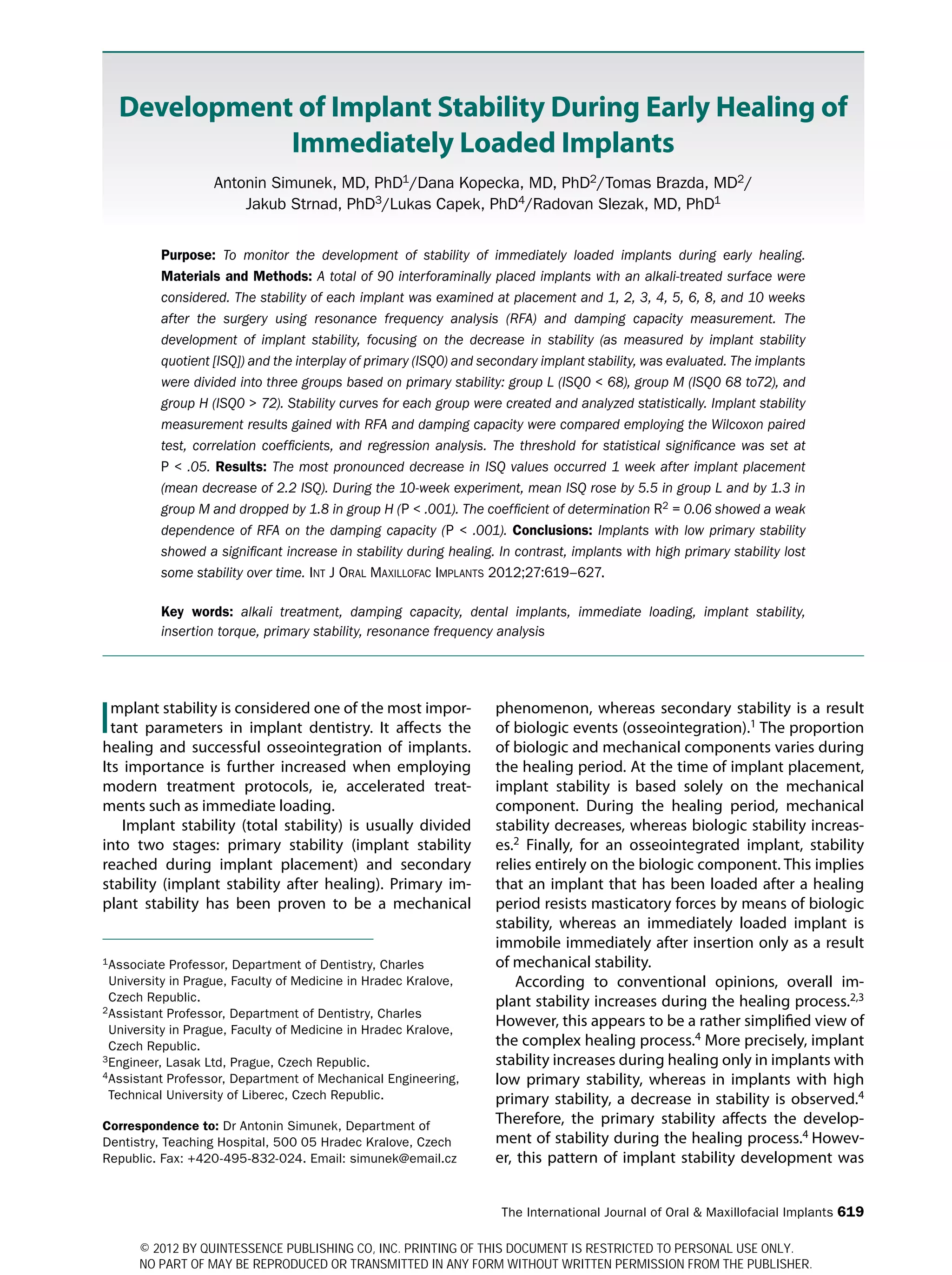 Implant stability in immediate implant | PDF | Dental Health | Diseases ...