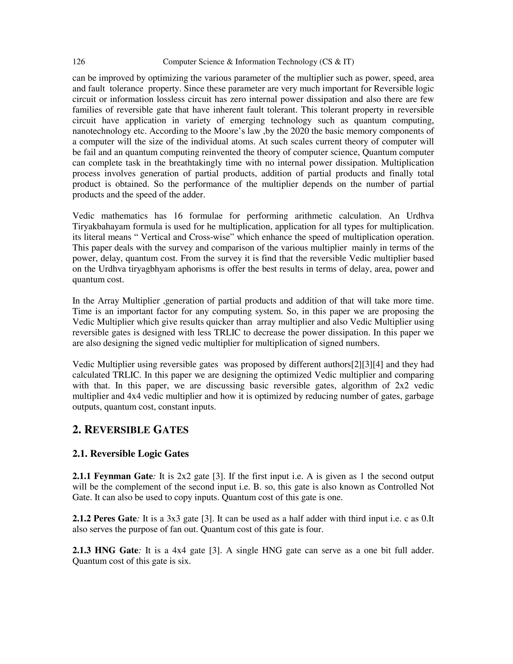 Implemenation of Vedic Multiplier Using Reversible Gates | PDF