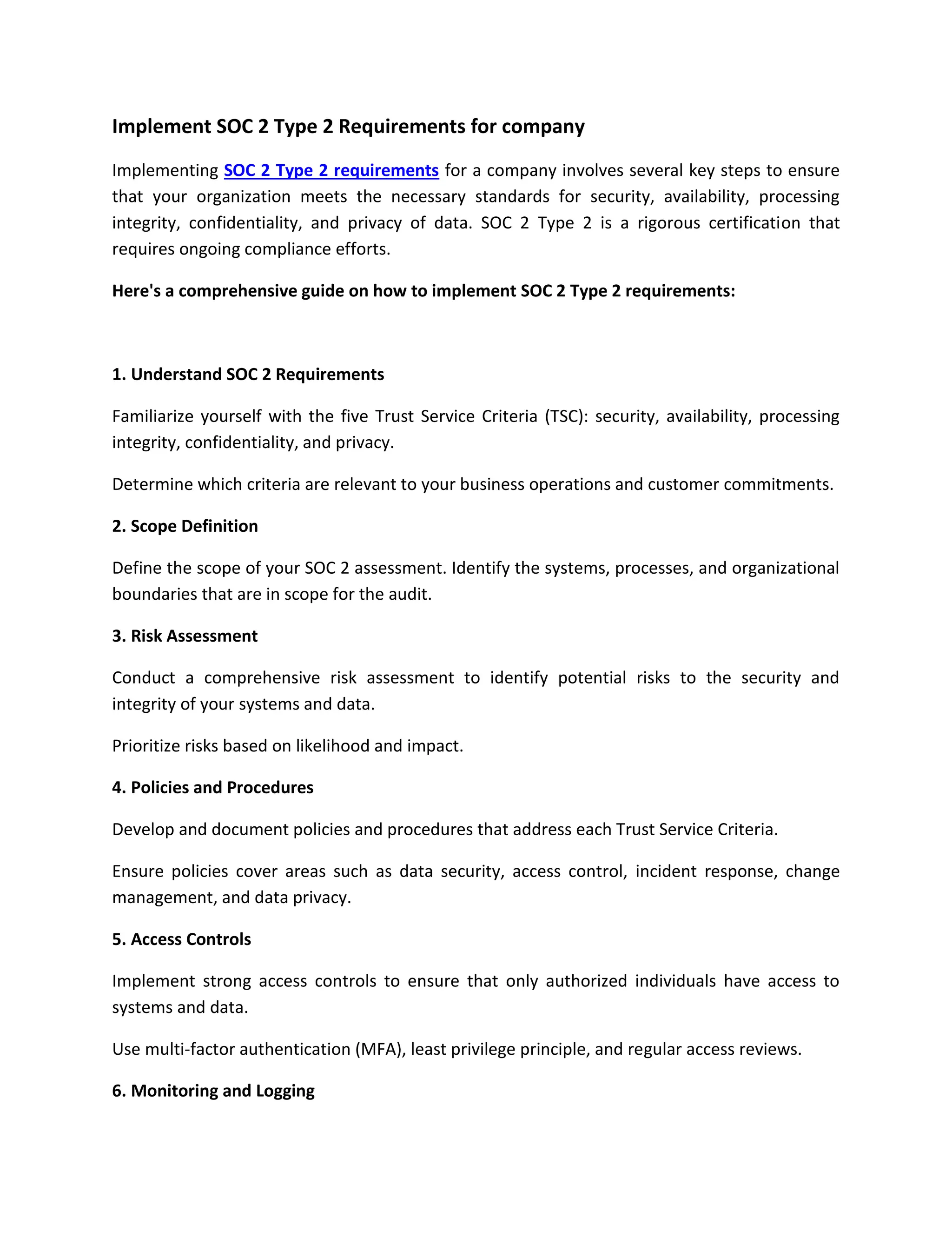 Implement SOC 2 Type 2 Requirements for company | PDF