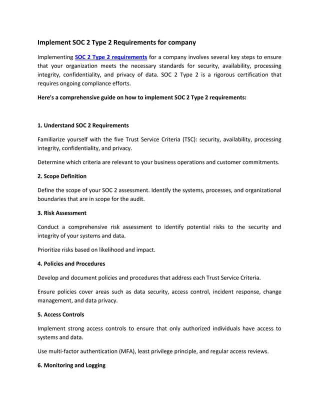 Implement SOC 2 Type 2 Requirements for company | PDF