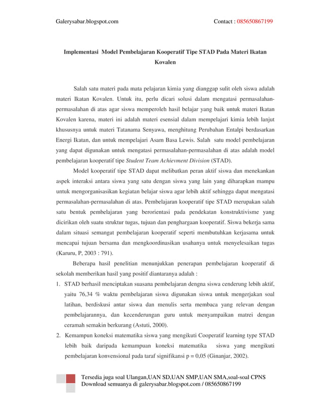 Implementasi Model Pembelajaran Kooperatif Tipe Stad Pada Mate | PDF