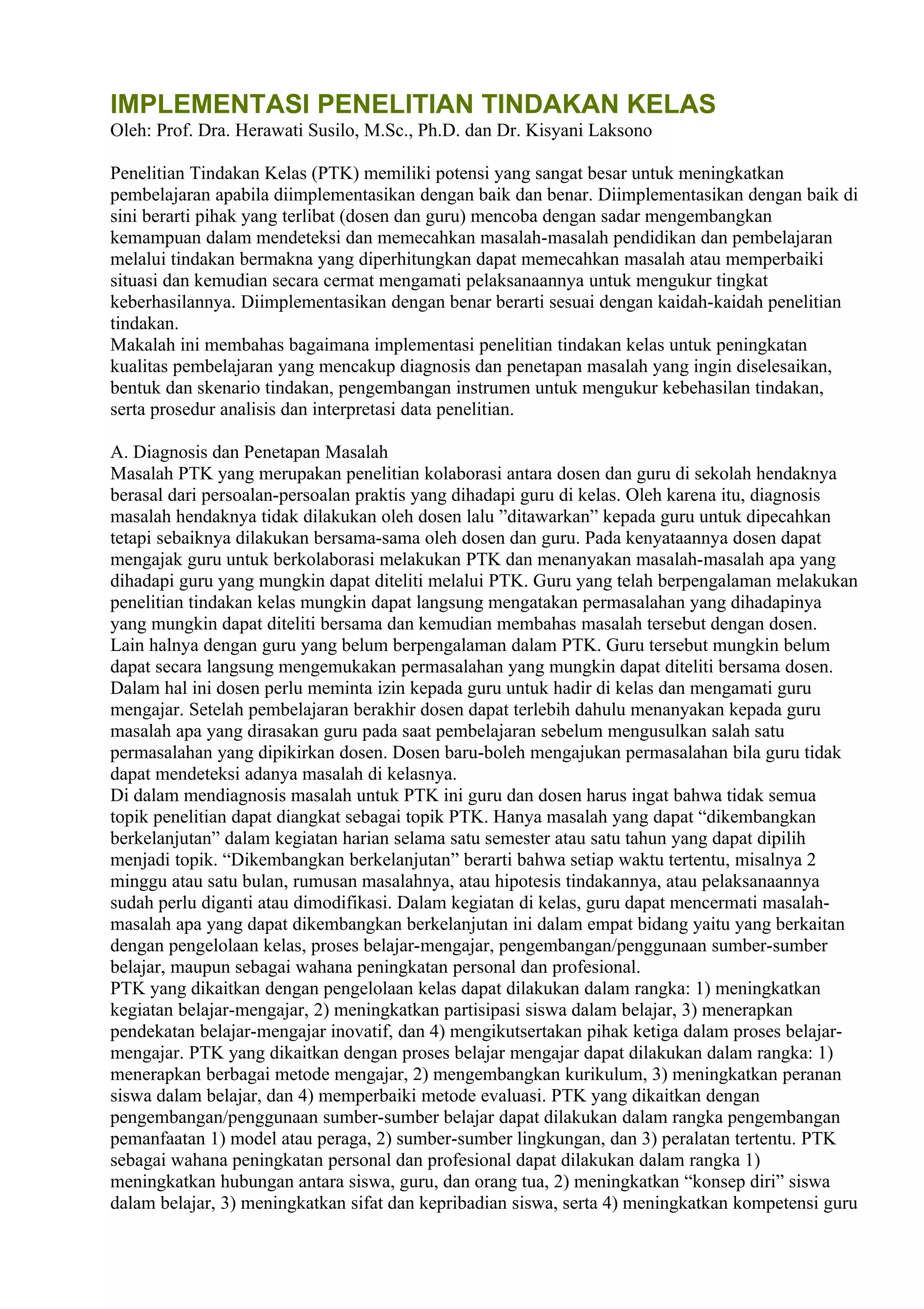 Implementasi penelitian tindakan kelas | DOC