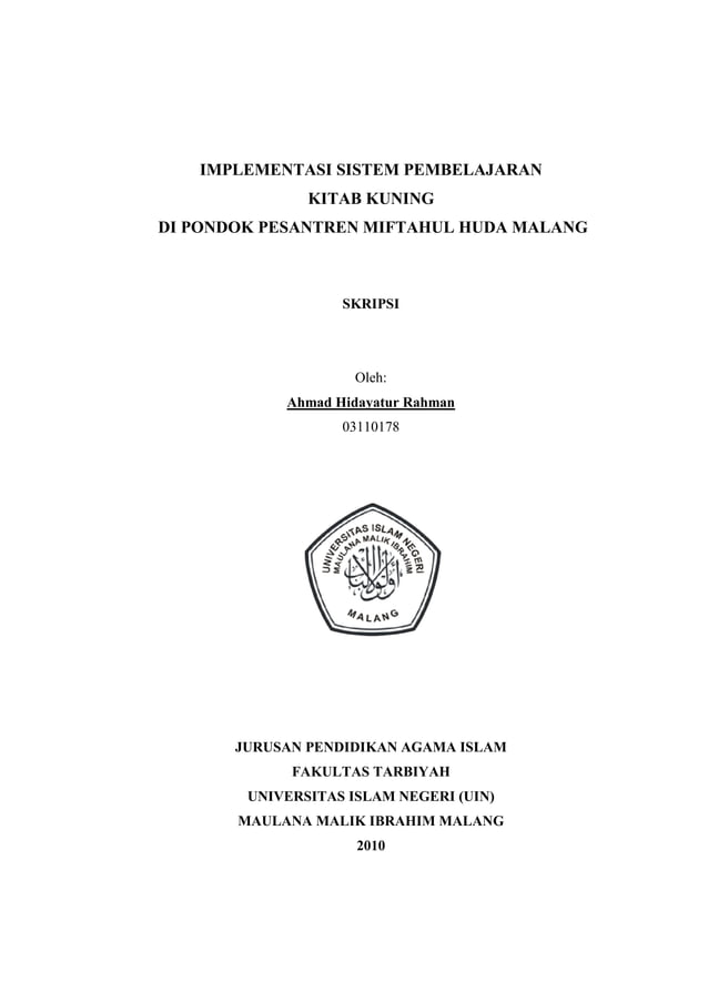 Implementasi sistem pembelajaran kitab kuning di pondok pesantren miftahul huda malang | PDF